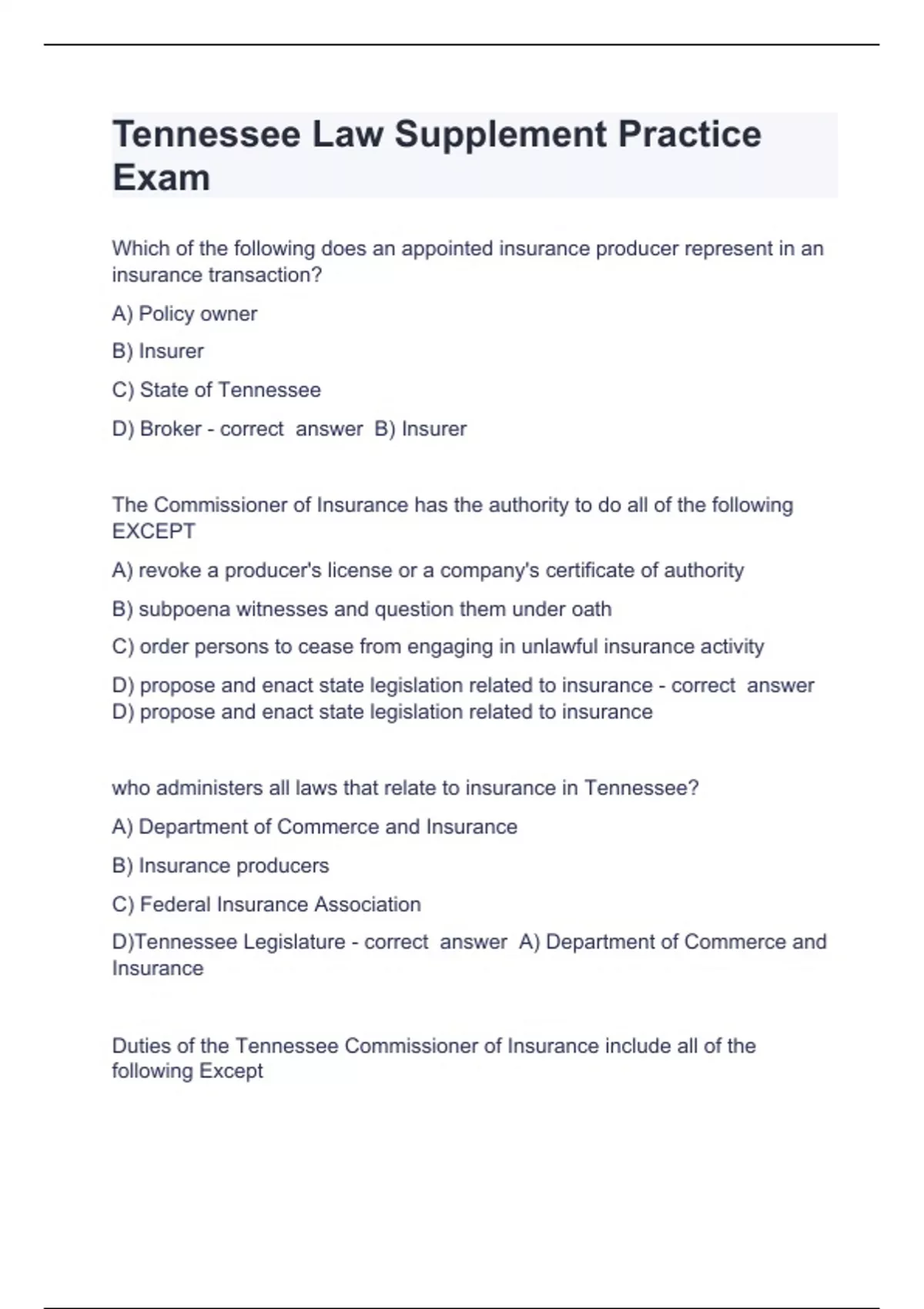 Tennessee Law Supplement Practice Exam. questions with completed ...