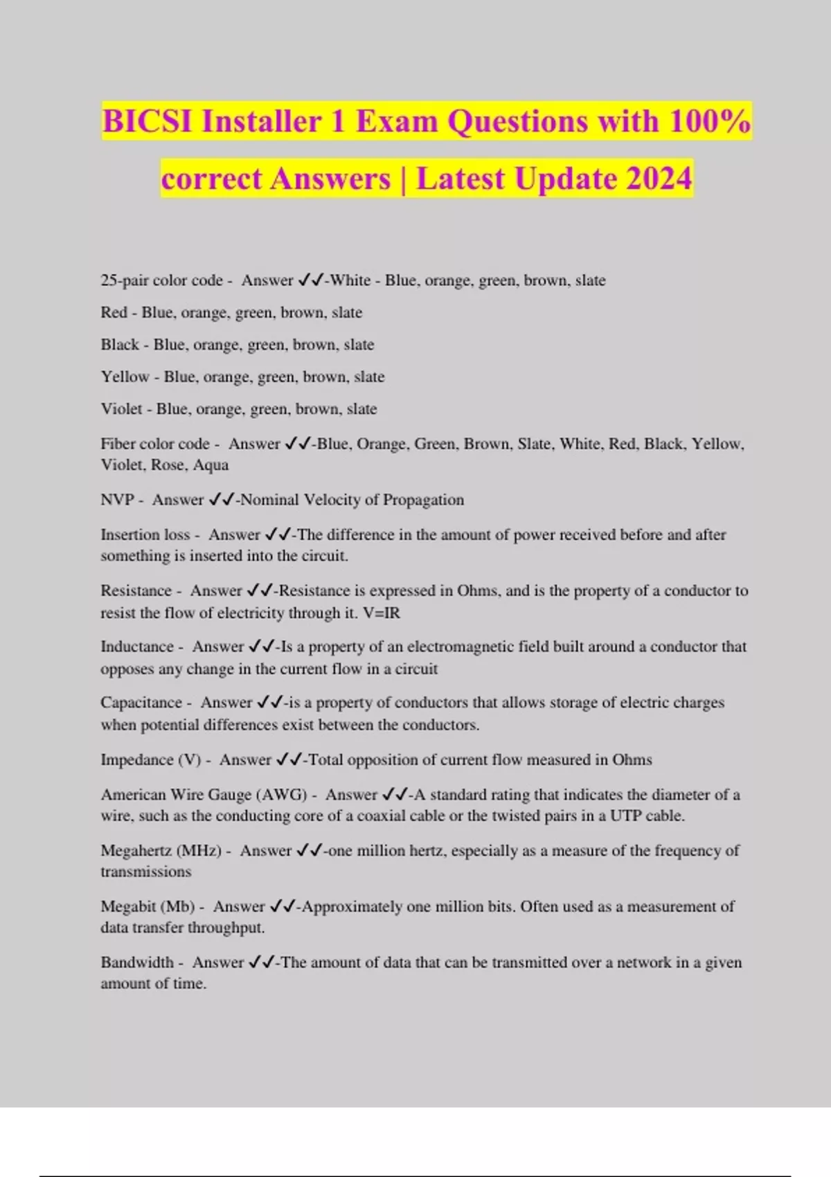 BICSI Installer 1 Exam Questions with 100% correct Answers | Latest ...