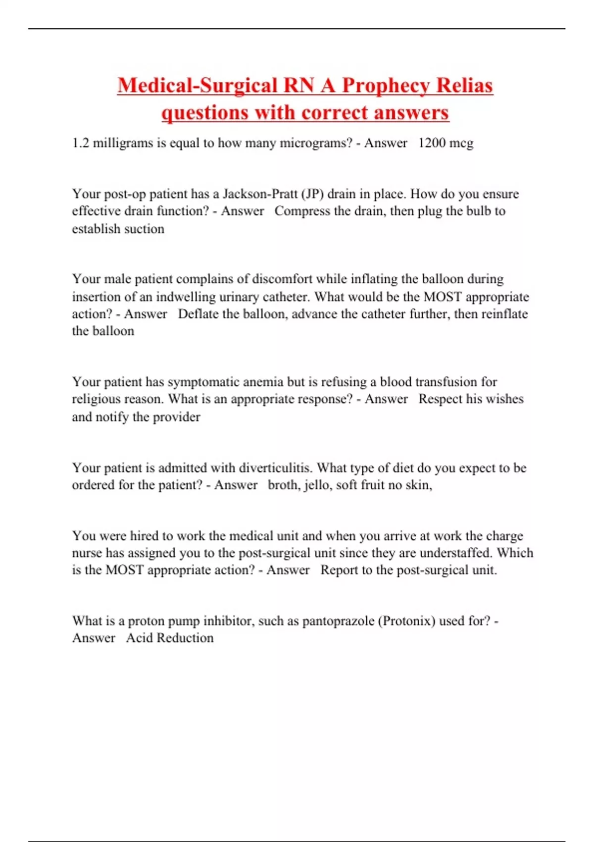 Medical-Surgical RN A Prophecy Relias questions with correct answers ...