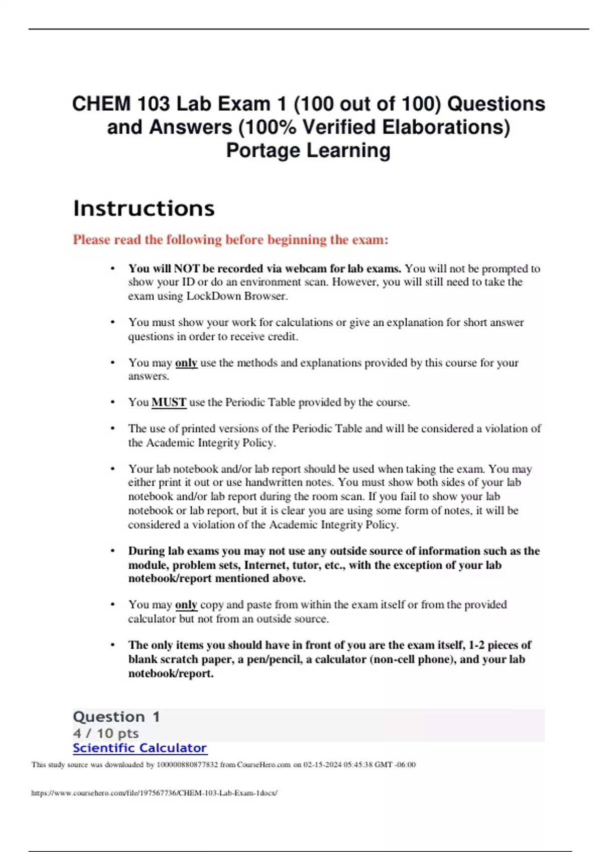 CHEM 103 Lab Exam 1 (100 out of 100) Questions and Answers (100% ...