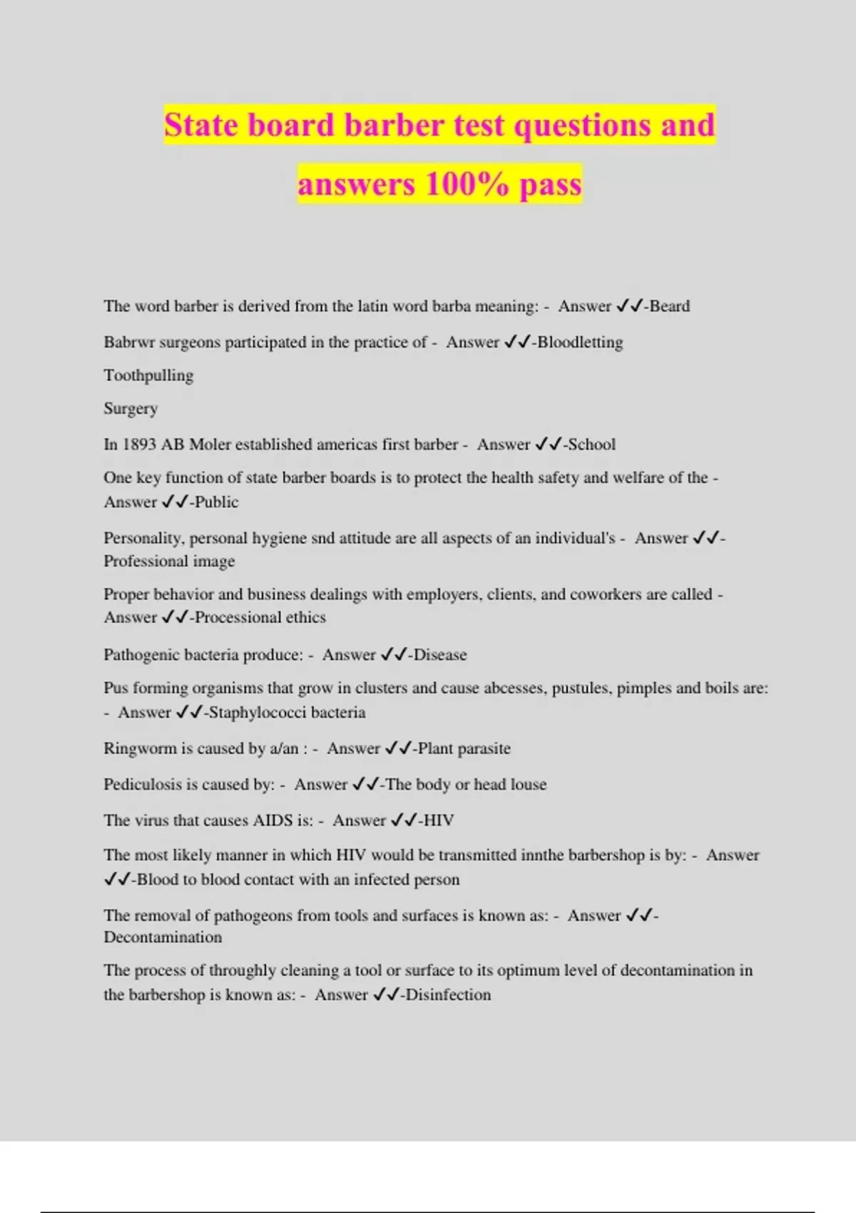 State board barber test questions and answers 100% pass - Barbering ...