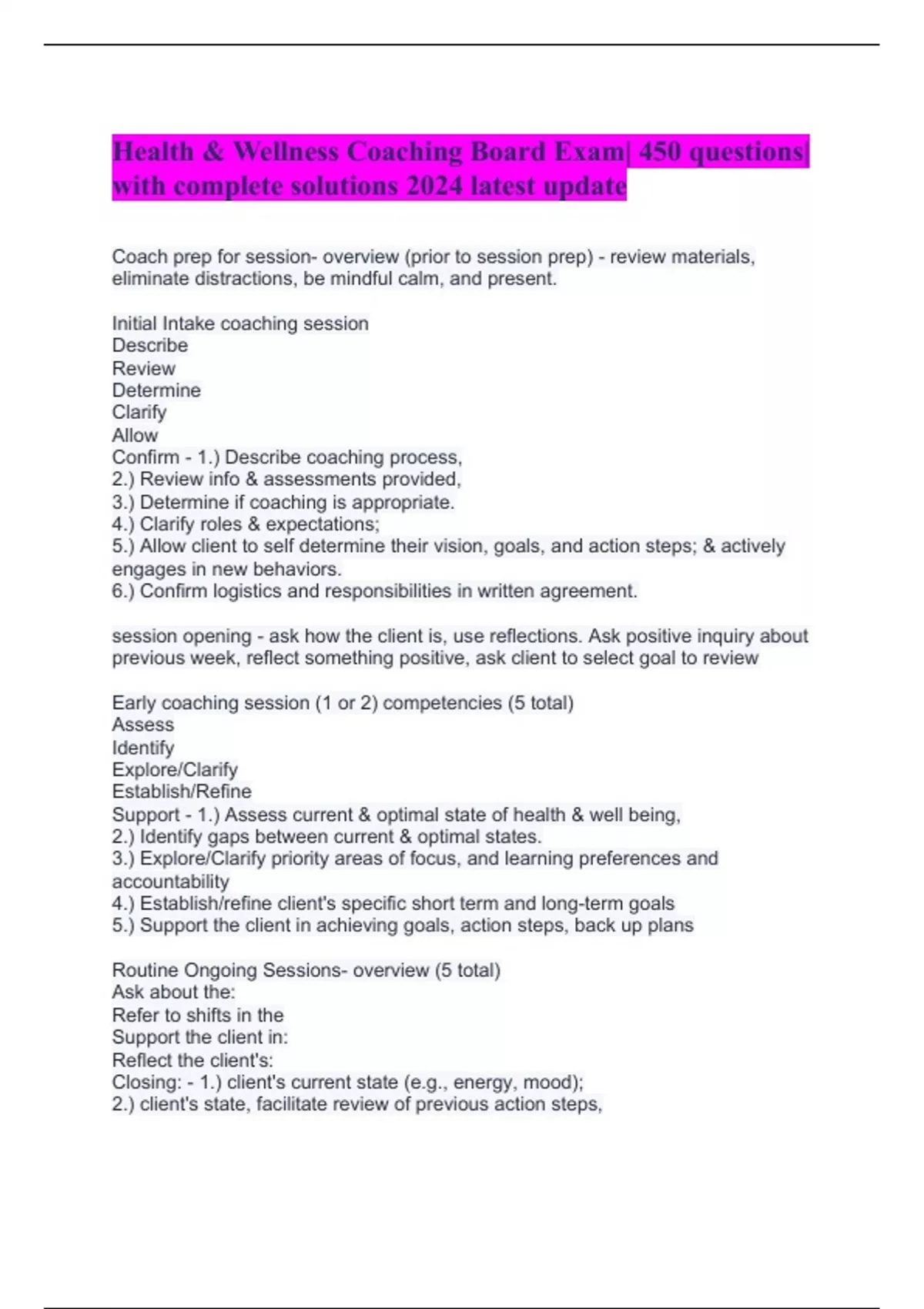 Health & Wellness Coaching Board Exam| 450 questions| with complete ...