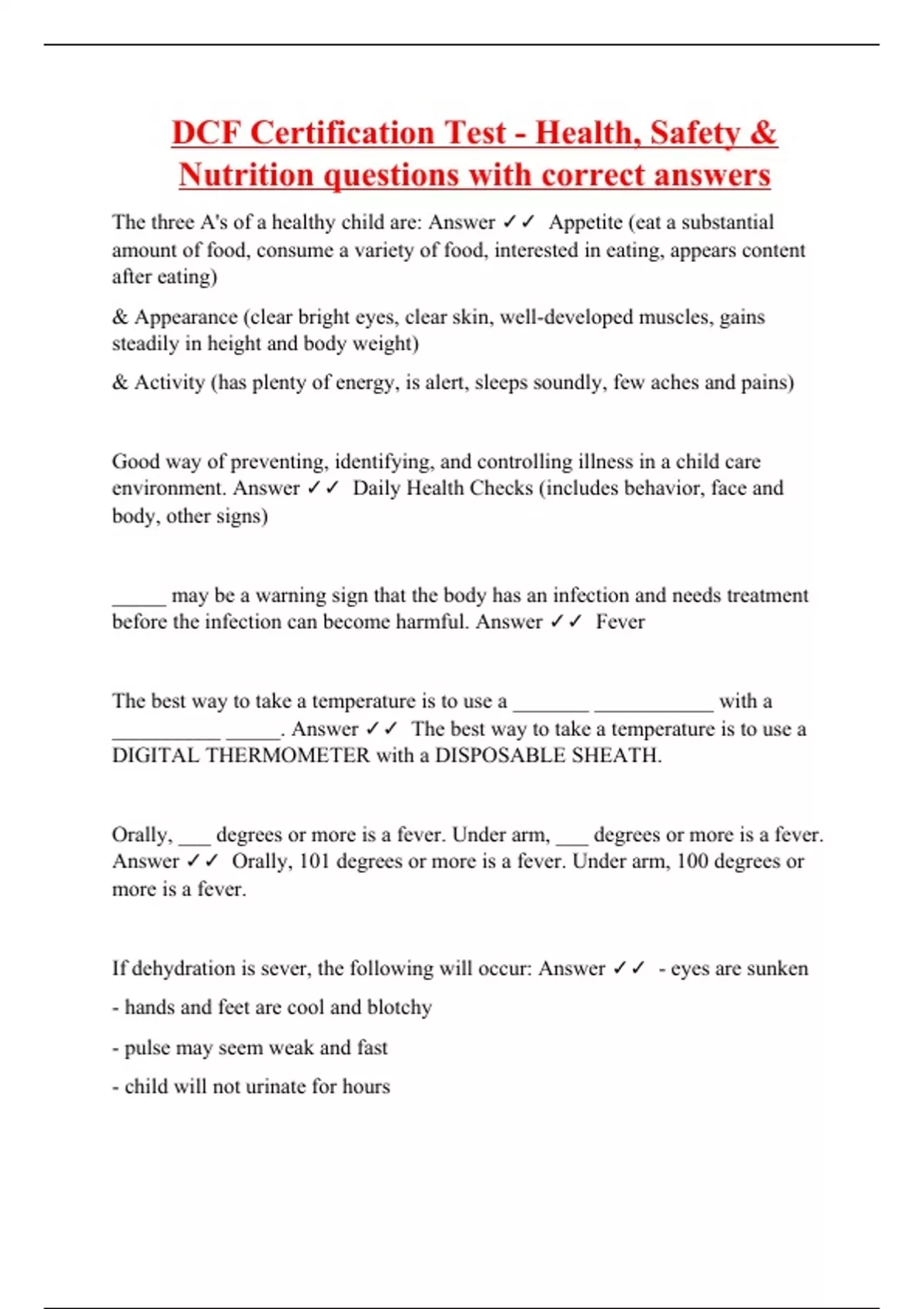 DCF Certification Test - Health, Safety & Nutrition questions with ...
