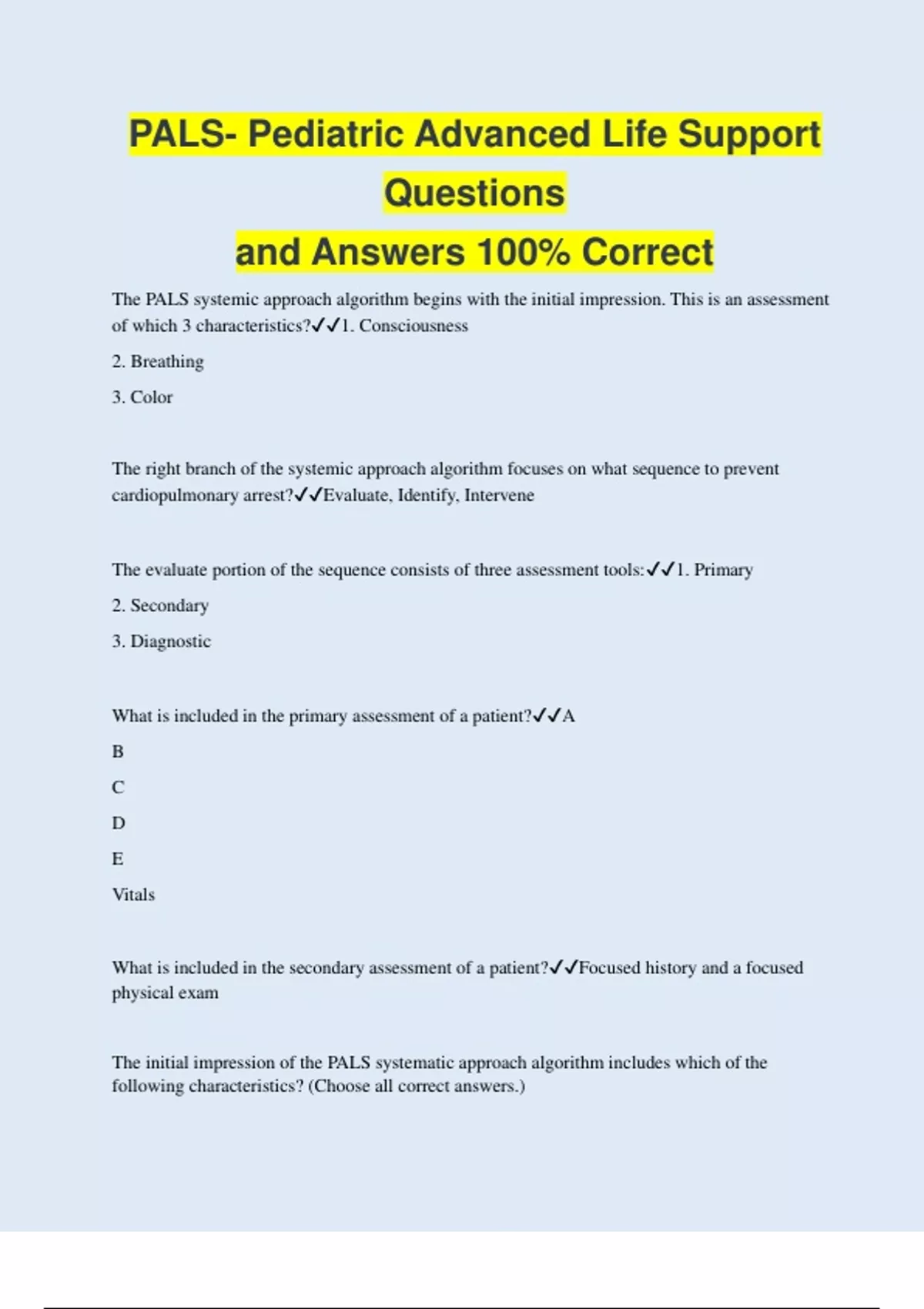 PALS- Pediatric Advanced Life Support Questions and Answers 100% ...