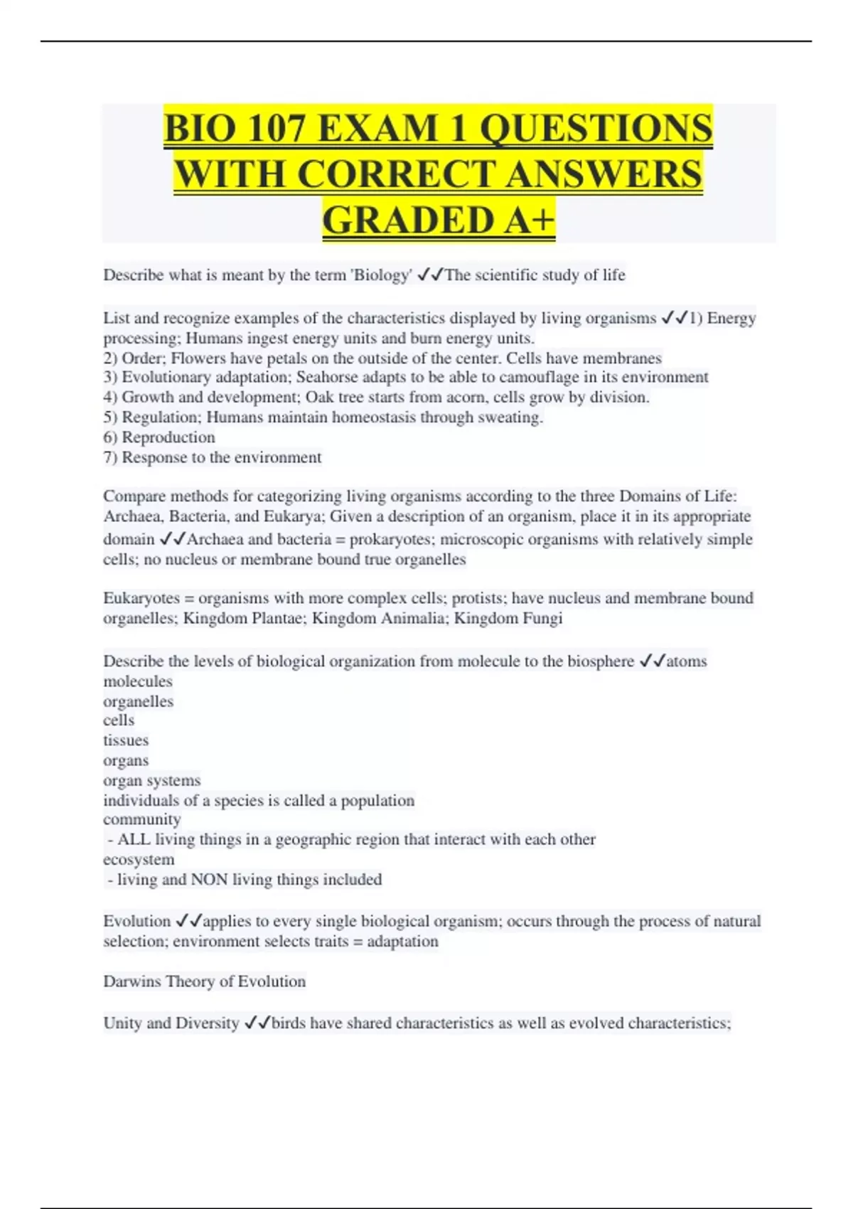 BIO 107 EXAM 1 QUESTIONS WITH CORRECT ANSWERS GRADED A+ - BIO 107 ...