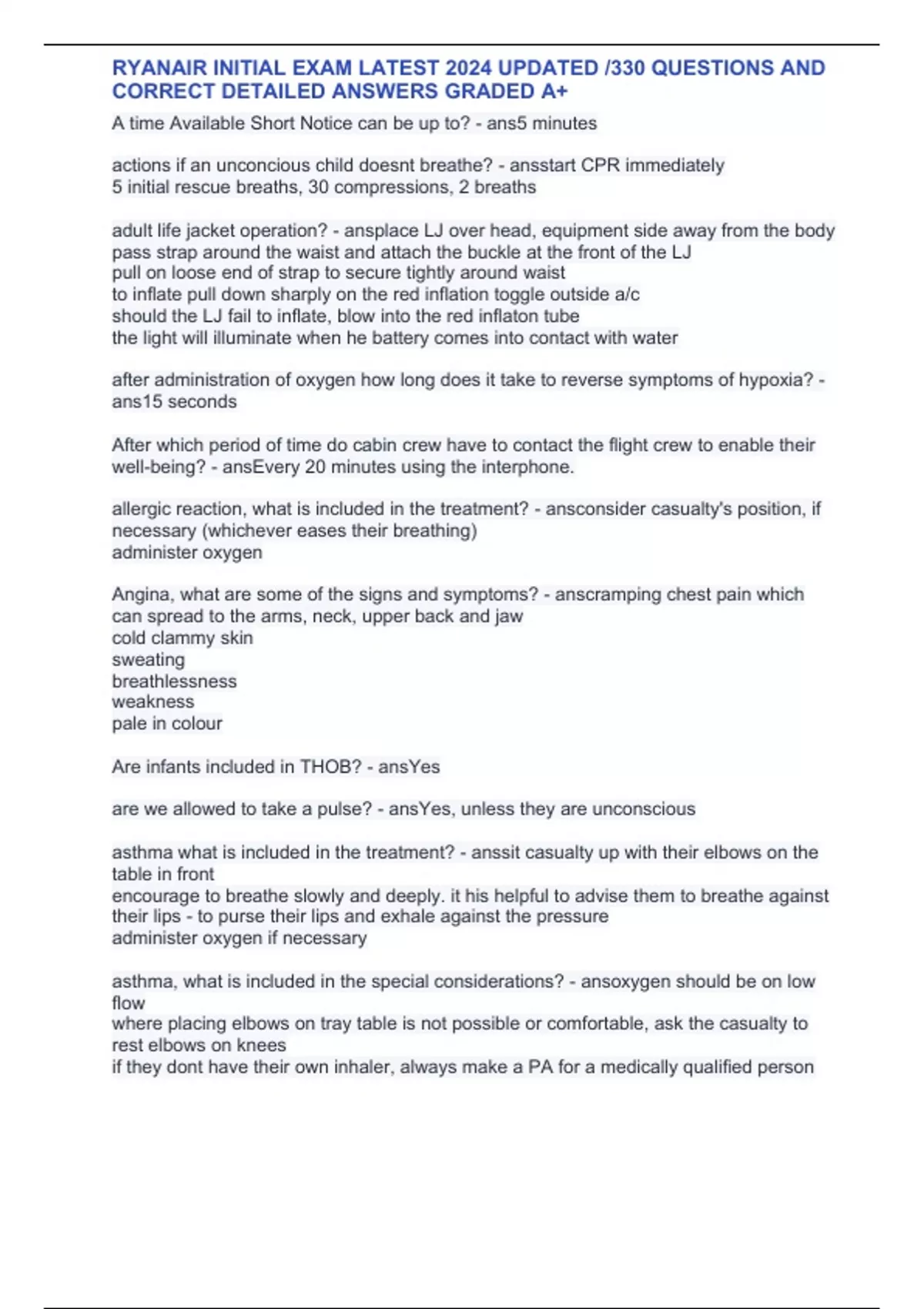 RYANAIR INITIAL EXAM LATEST 2024 UPDATED /330 QUESTIONS AND CORRECT ...