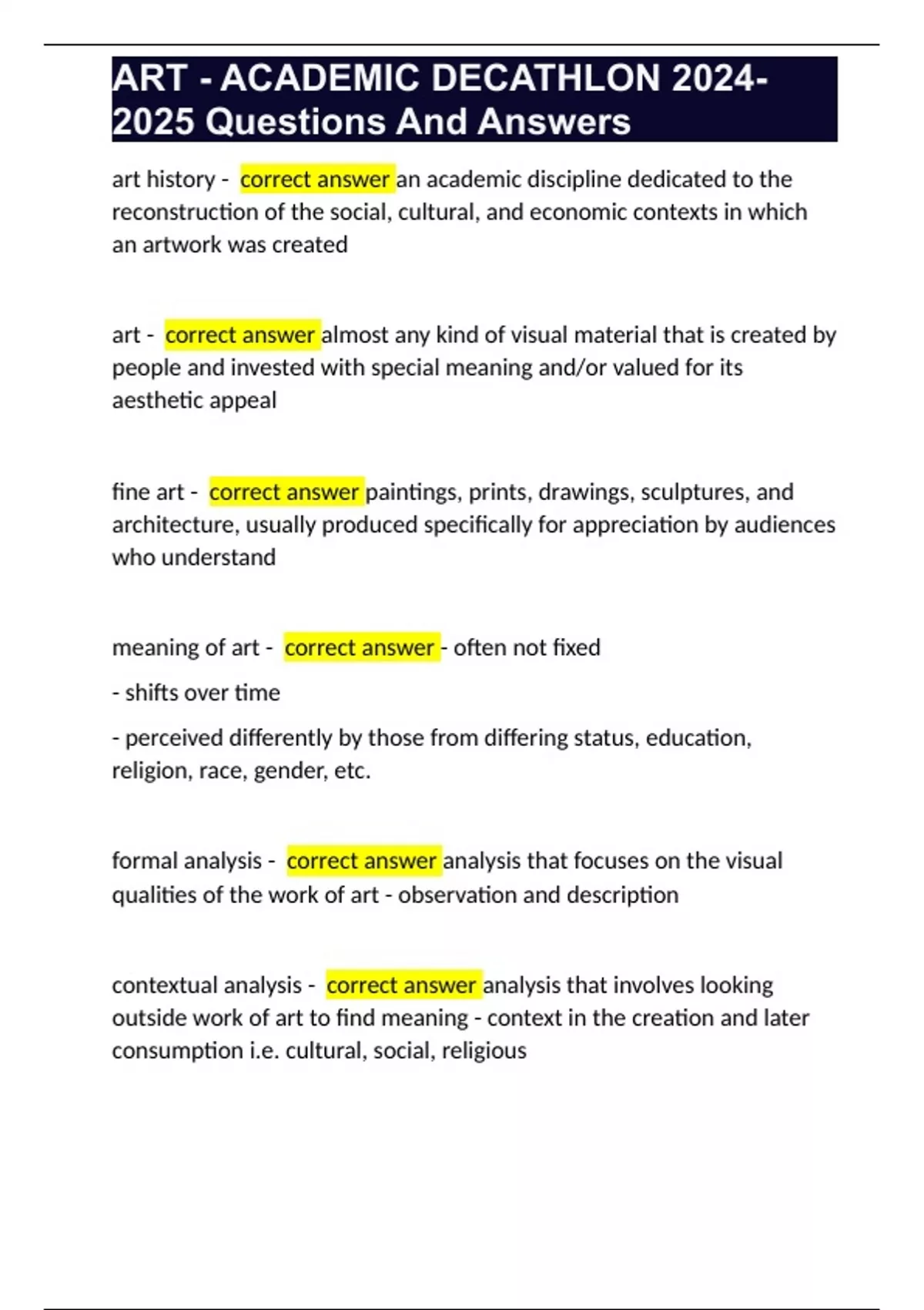 ART - ACADEMIC DECATHLON Questions And Answers - Art history - Stuvia US