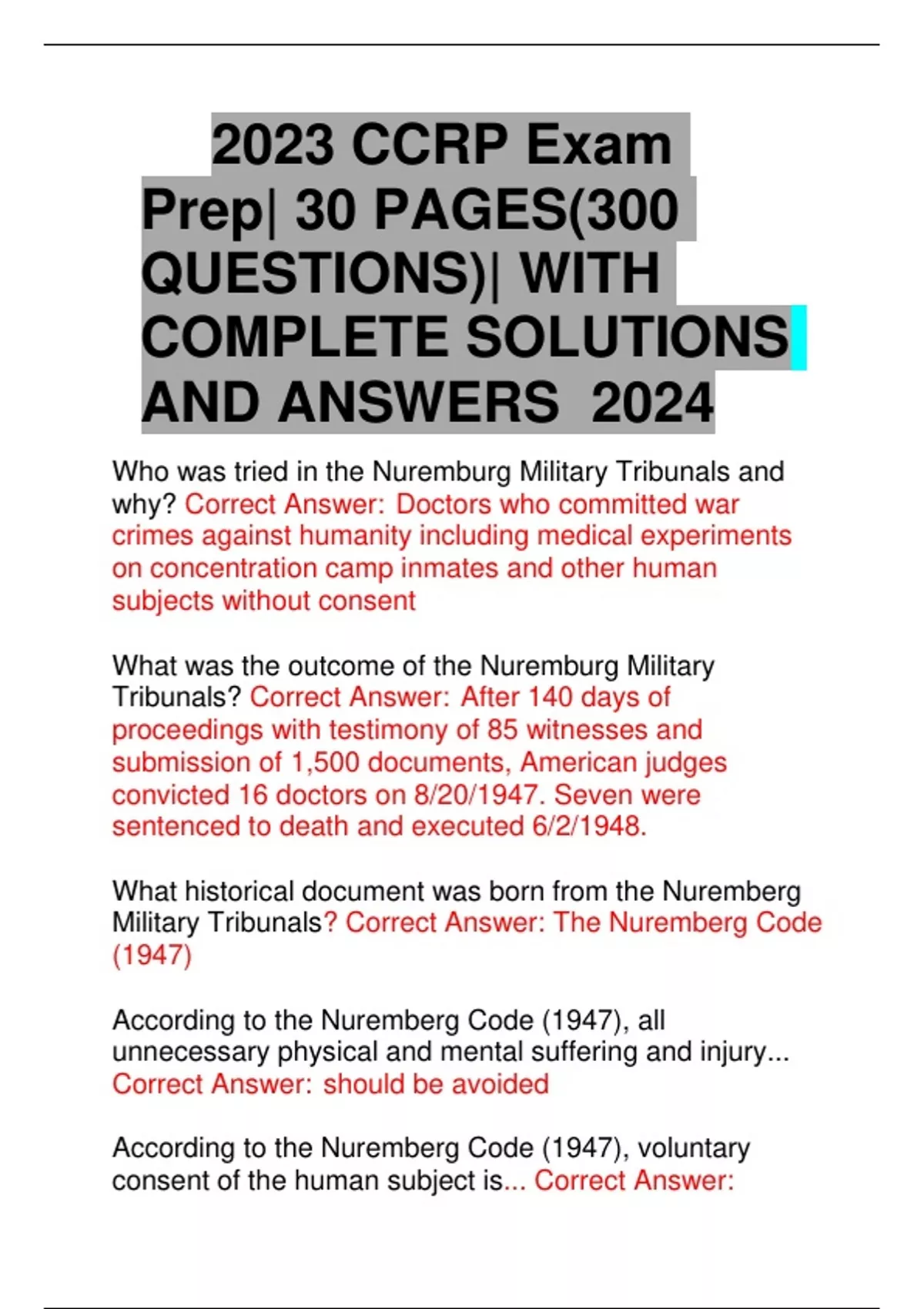2023 CCRP Exam Prep| 30 PAGES(300 QUESTIONS)| WITH COMPLETE SOLUTIONS ...