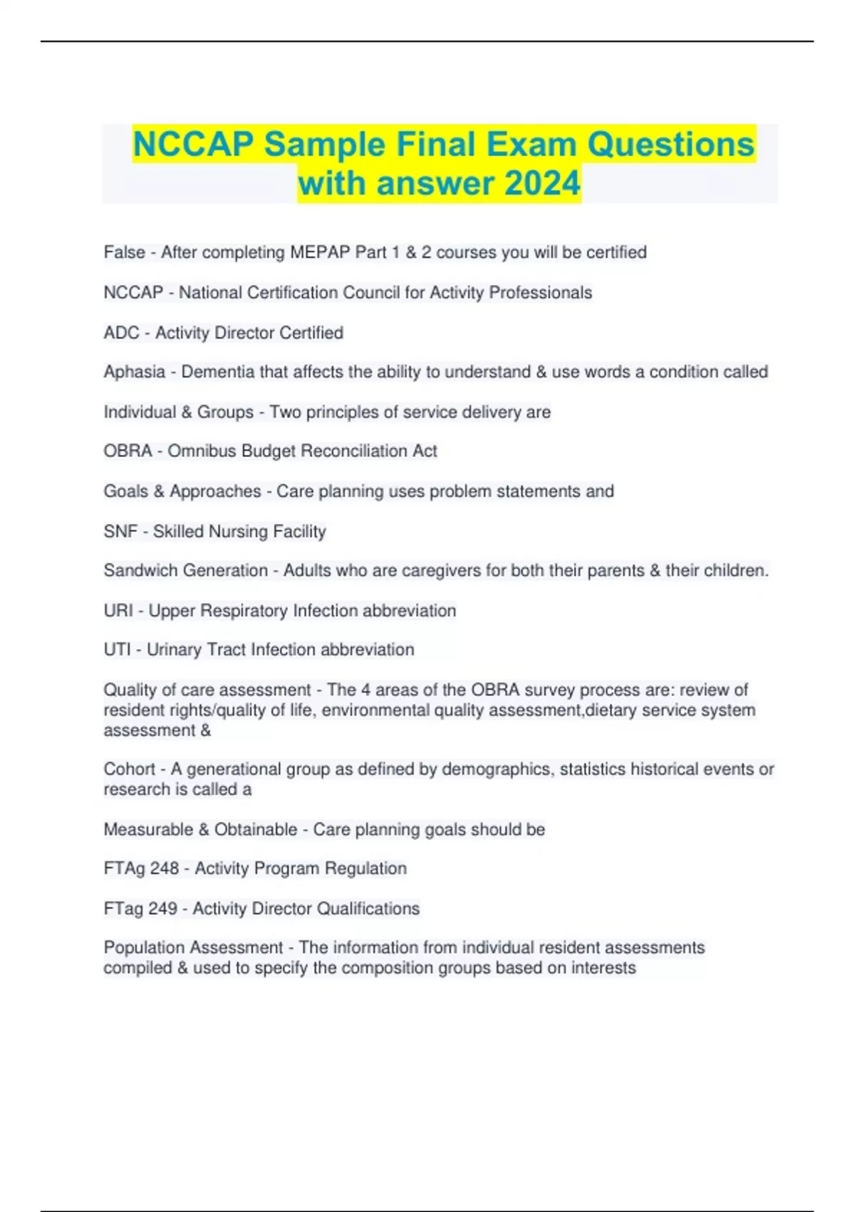 NCCAP Sample Final Exam Questions with answer 2024 - NCCAP. - Stuvia US