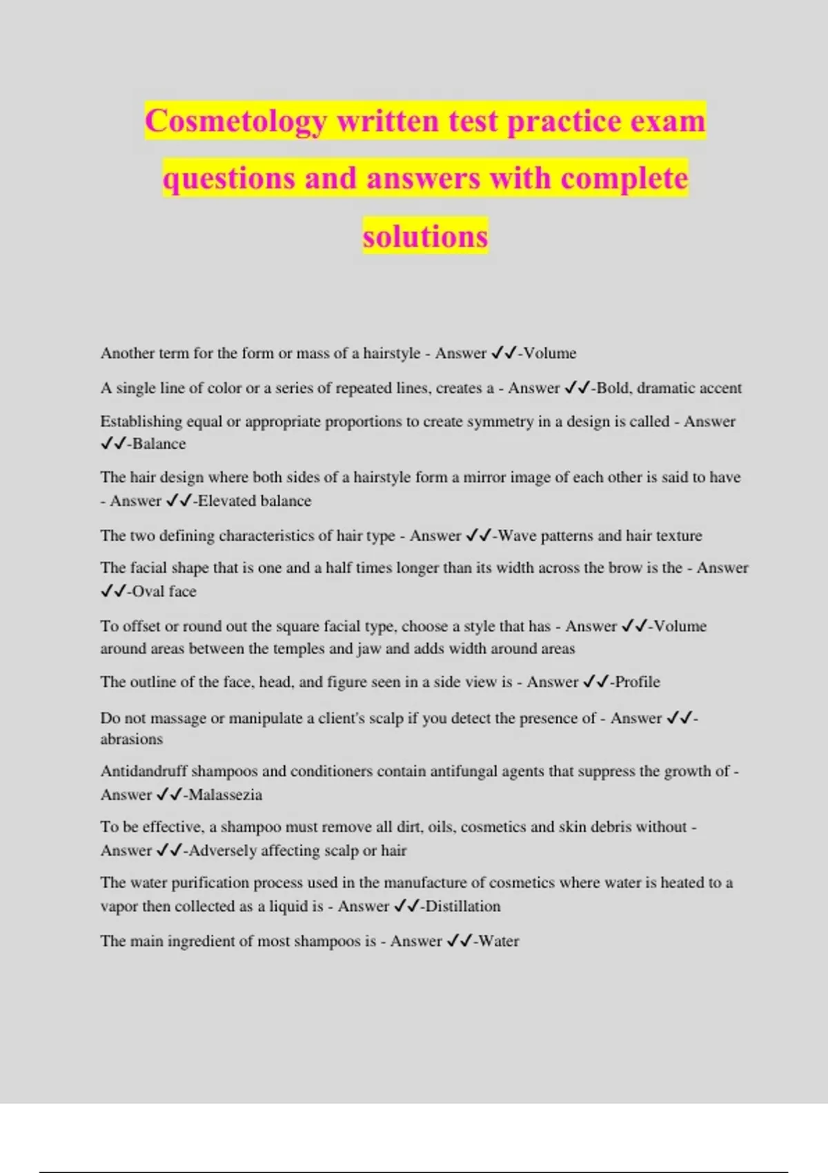 Cosmetology written test practice exam questions and answers with ...