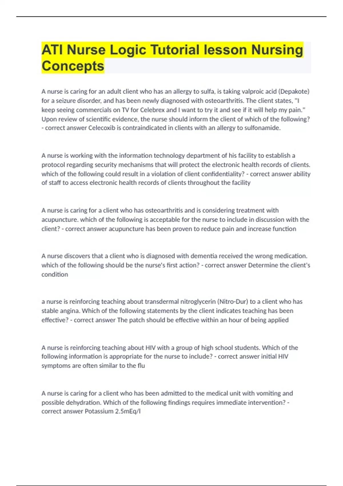 ATI Nurse Logic Tutorial lesson Nursing Concepts 2024 update - NURSING ...