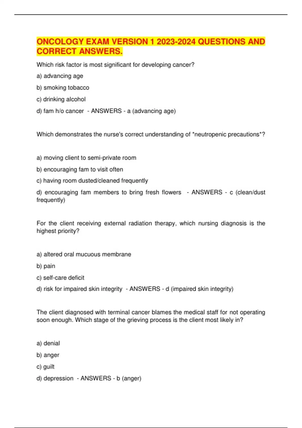 ONCOLOGY EXAM VERSION QUESTIONS AND CORRECT ANSWERS. - RN - Registered ...