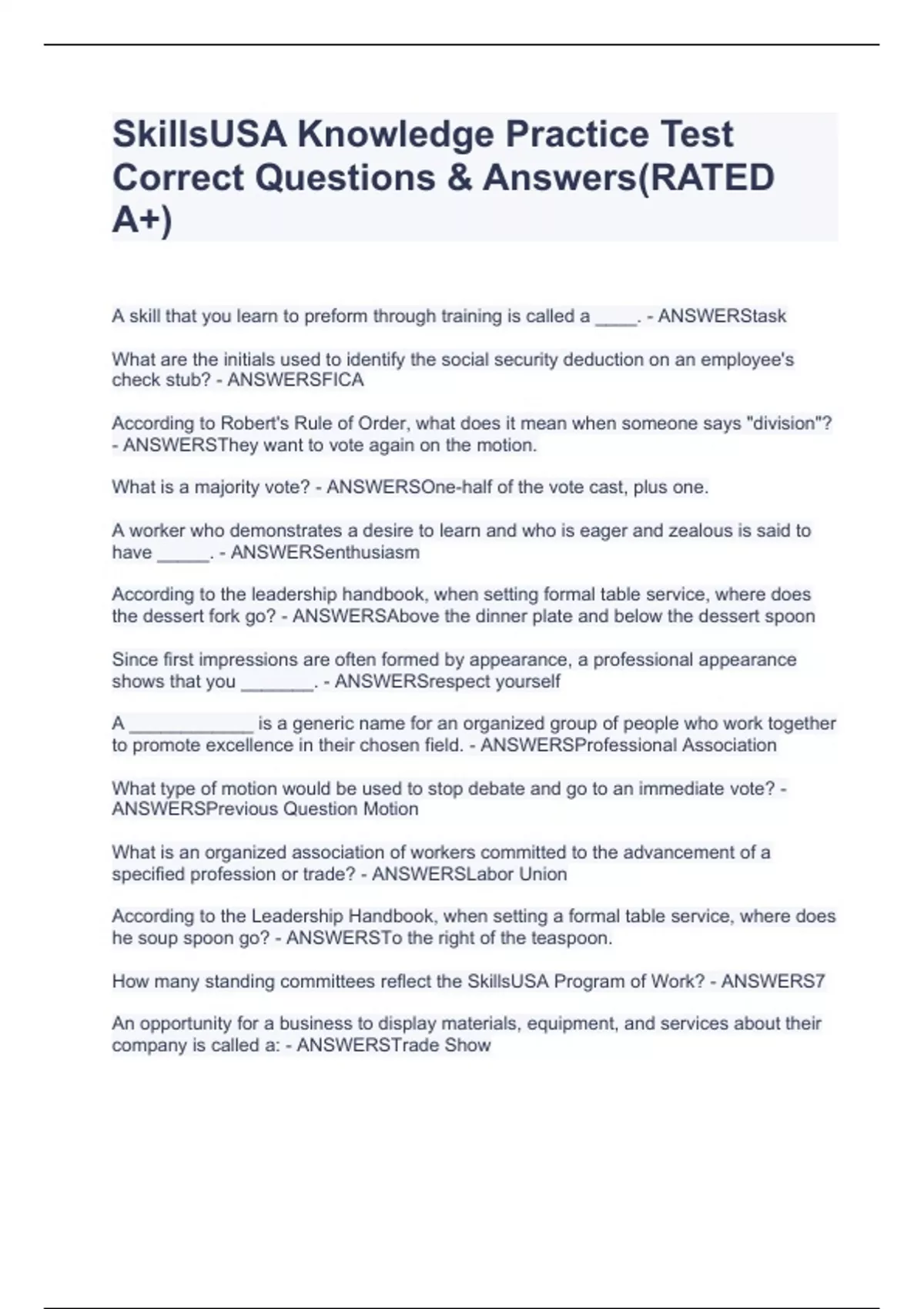 SkillsUSA Knowledge Practice Test Correct Questions & Answers(RATED A+ ...