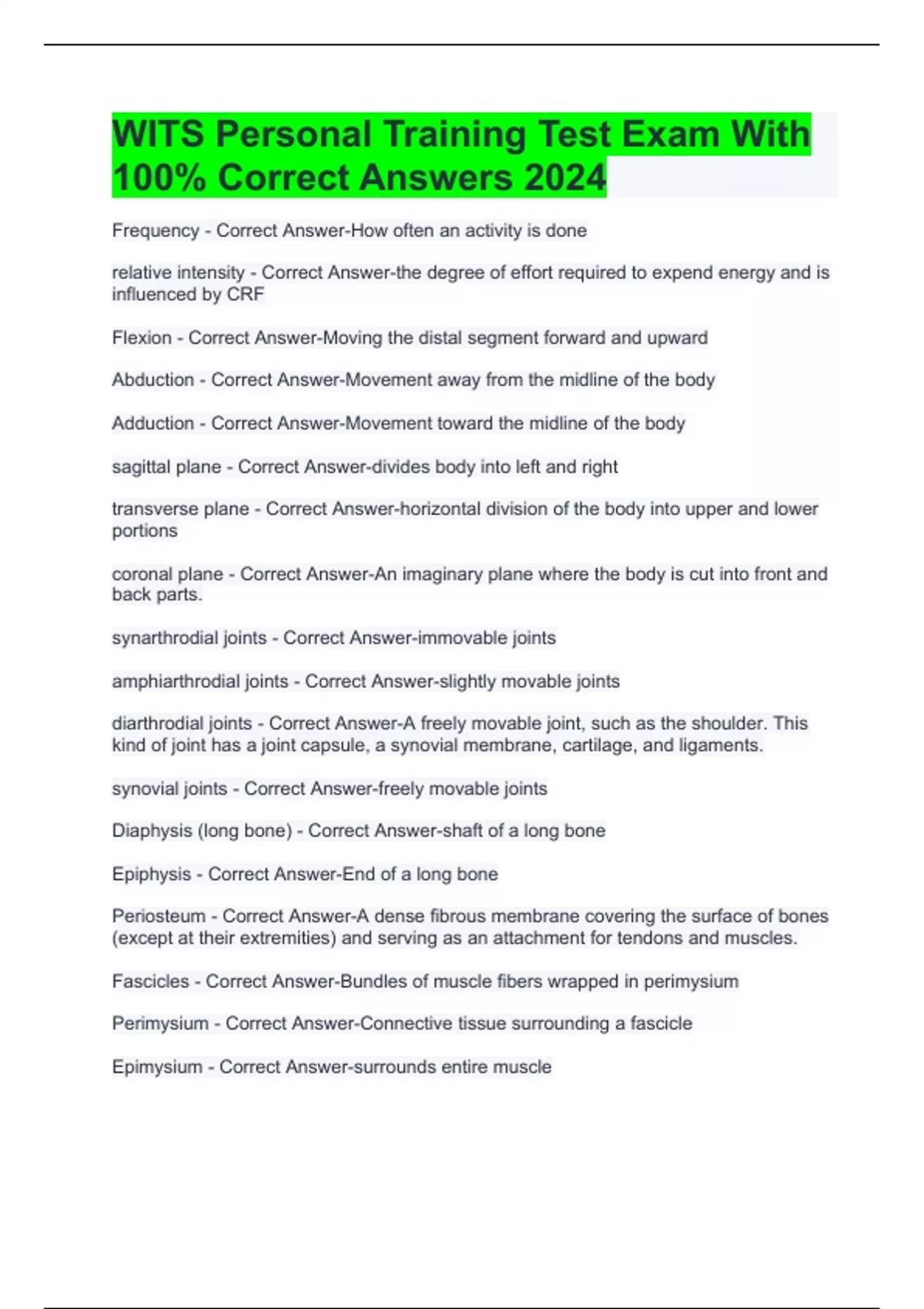 WITS Personal Training Test Exam With 100% Correct Answers 2024 - WITS ...