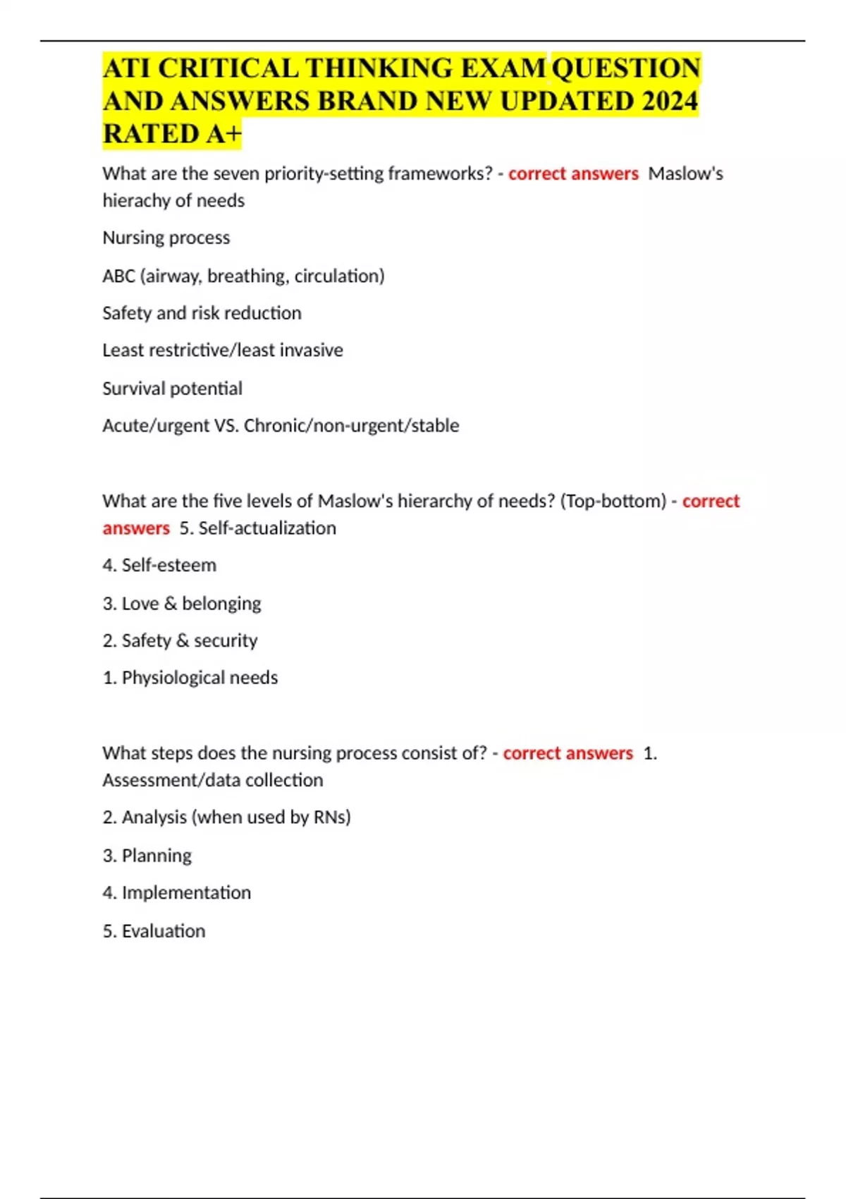 ATI CRITICAL THINKING EXAM QUESTION AND ANSWERS BRAND NEW UPDATED 2024 ...