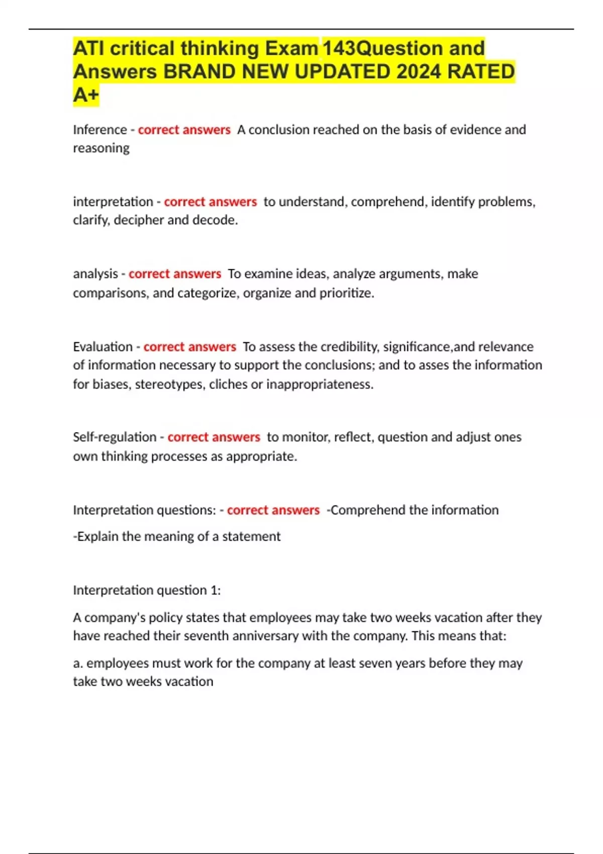 ATI critical thinking Exam 143Question and Answers BRAND NEW UPDATED ...