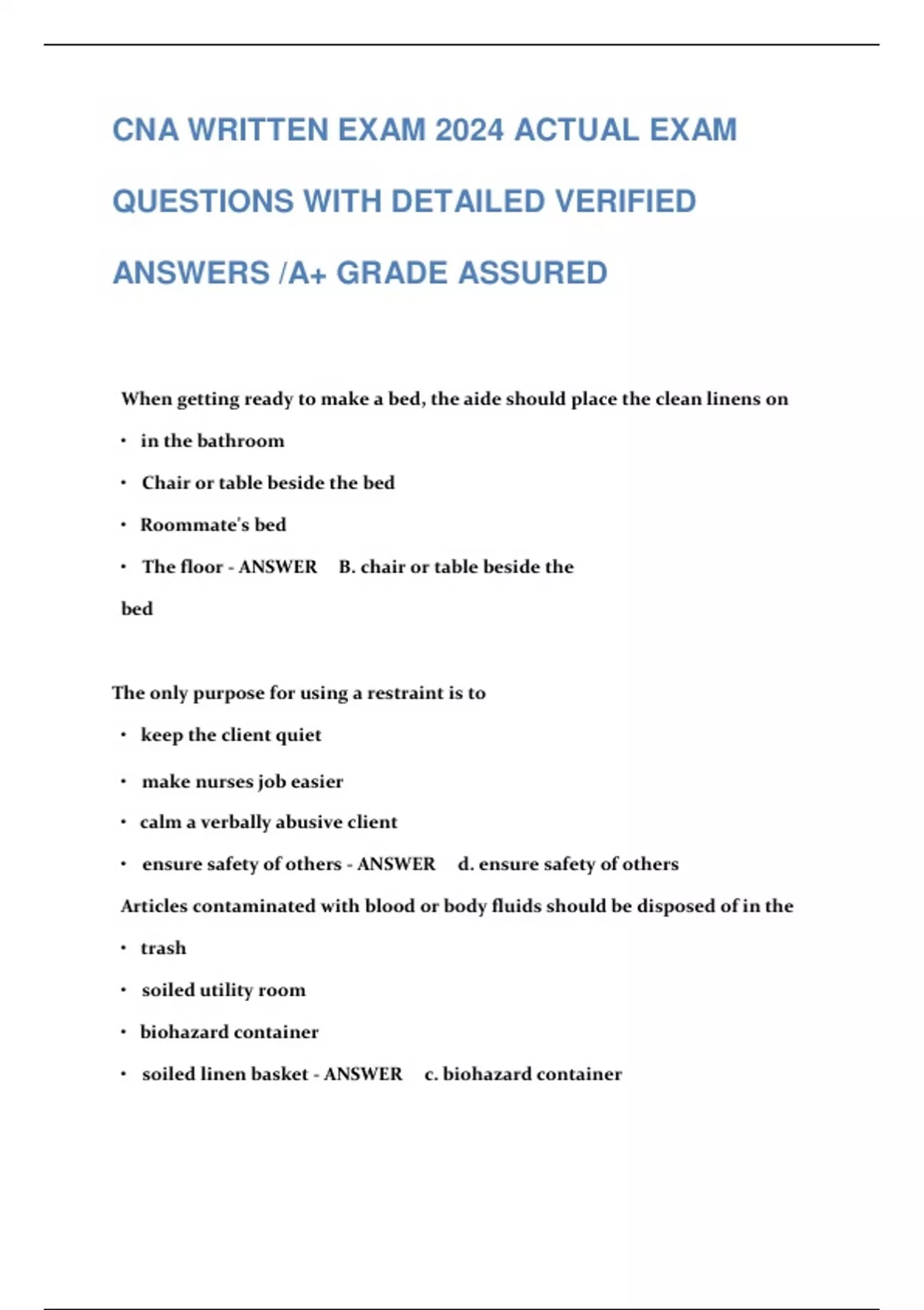 CNA WRITTEN EXAM 2024 ACTUAL EXAM QUESTIONS WITH DETAILED VERIFIED ...