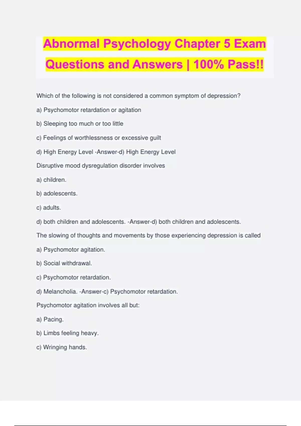 Abnormal Psychology Chapter 5 Exam Questions and Answers | 100% Pass!! - Abnormal Psychology ...