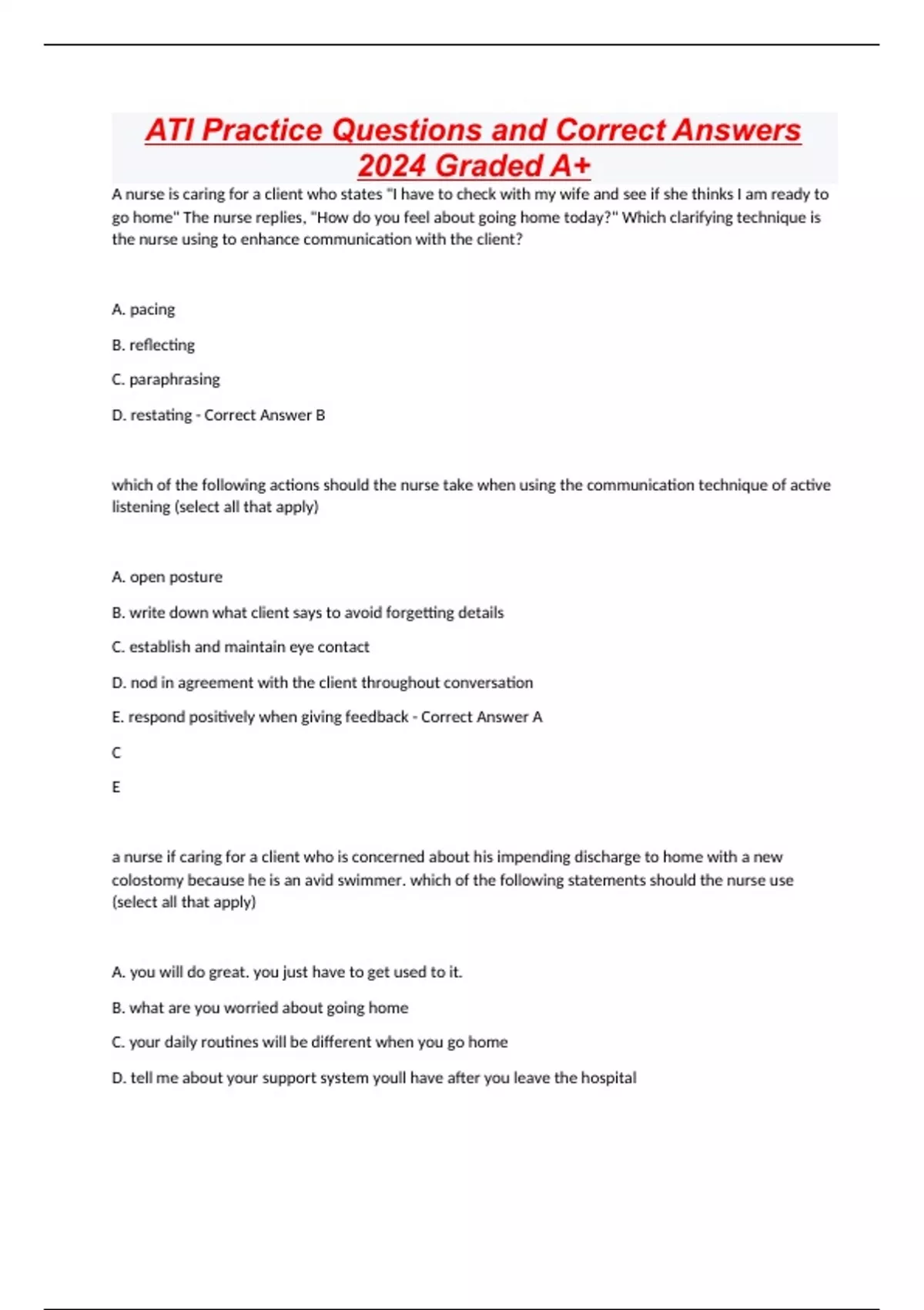 ATI Practice Questions and Correct Answers 2024 Graded A+ - ATI - Stuvia US