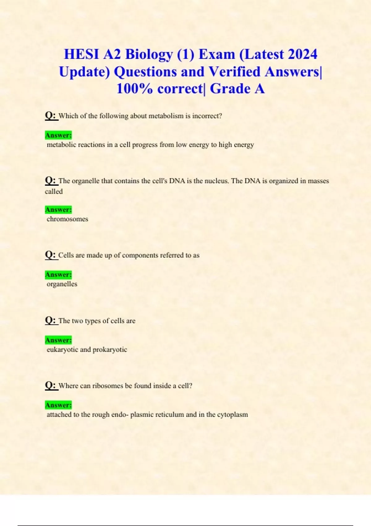 HESI A2 Biology (1) Exam (Latest 2024 Update) Questions and Verified ...