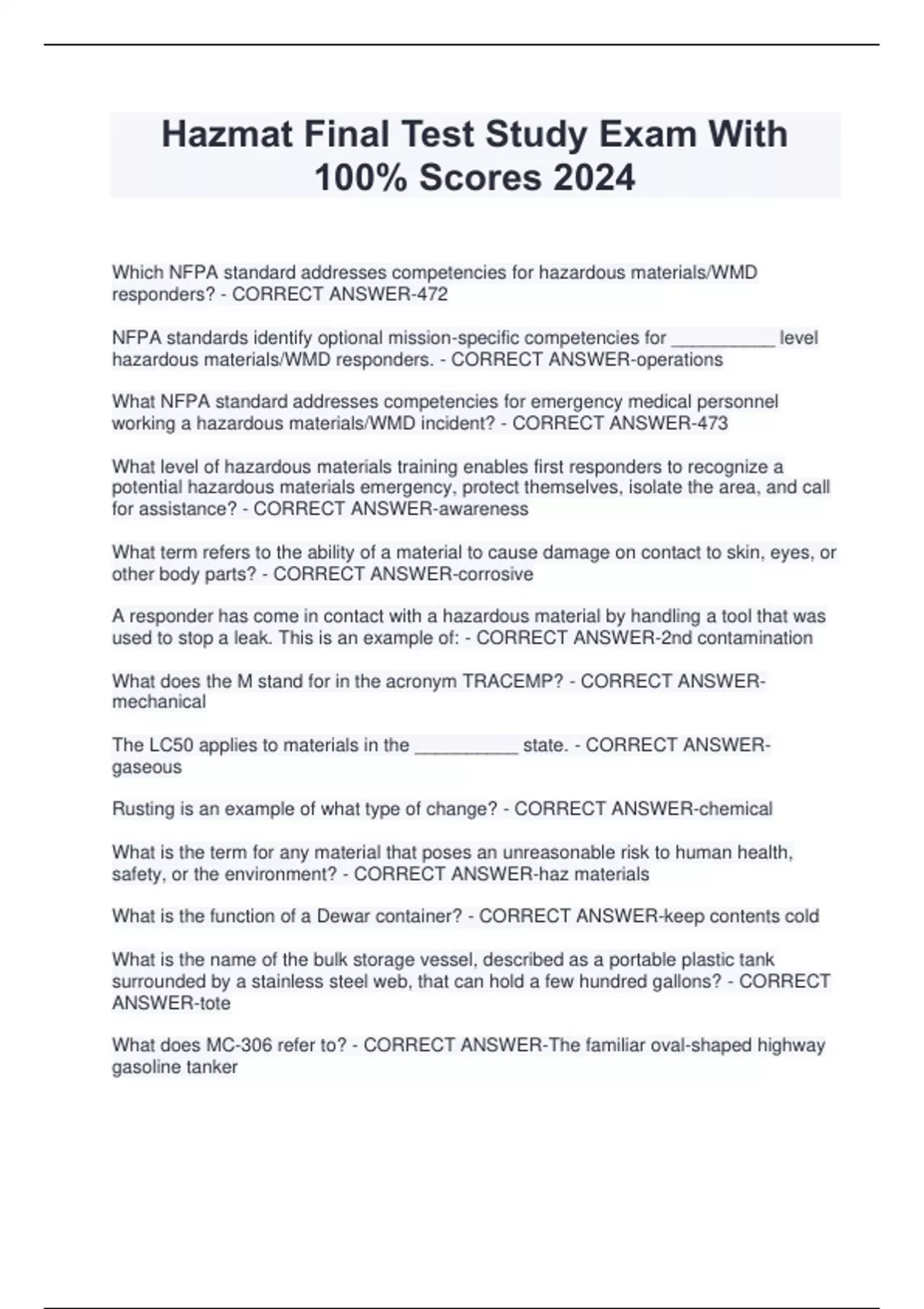 Hazmat Final Test Study Exam With 100% Scores 2024 - Hazmat - Stuvia US