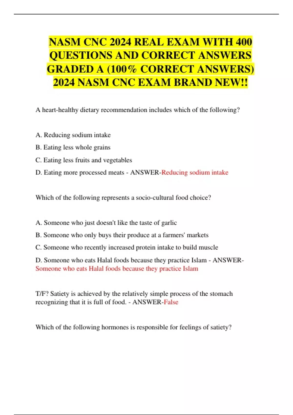 NASM CNC 2024 REAL EXAM WITH 400 QUESTIONS AND CORRECT ANSWERS GRADED A ...