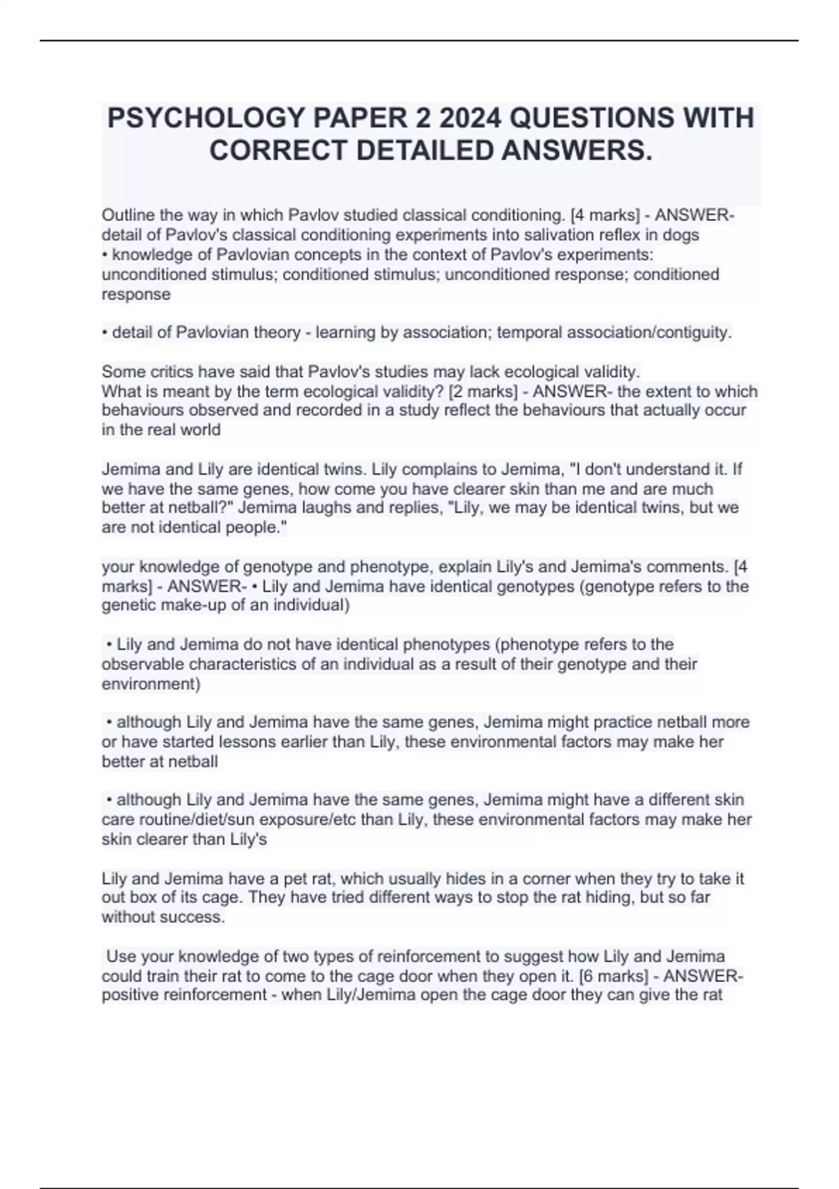 PSYCHOLOGY PAPER 2 2024 QUESTIONS WITH CORRECT DETAILED ANSWERS. - AQA ...