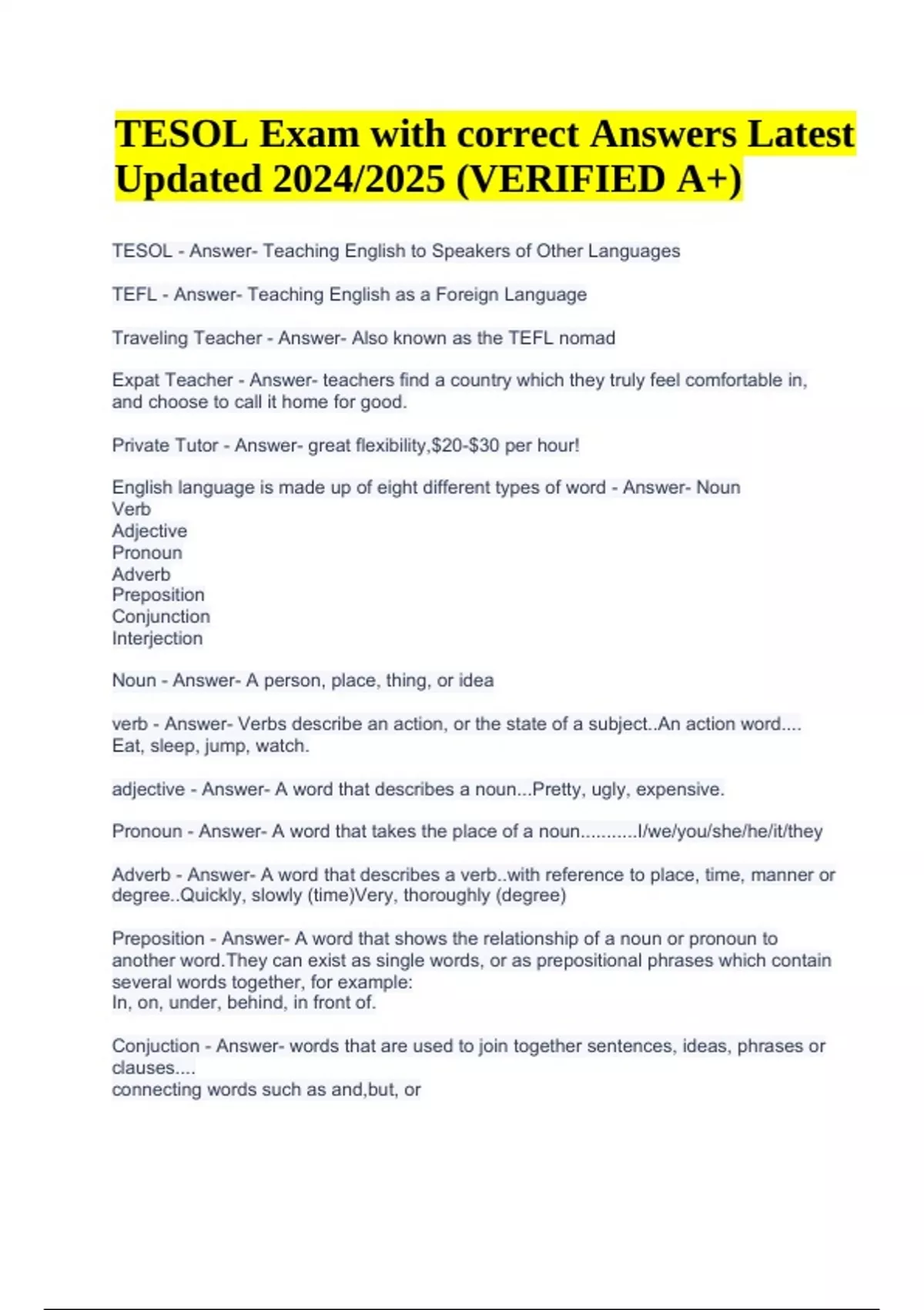 TESOL Exam Questions With correct Answers Latest Updated 2024/2025 ...