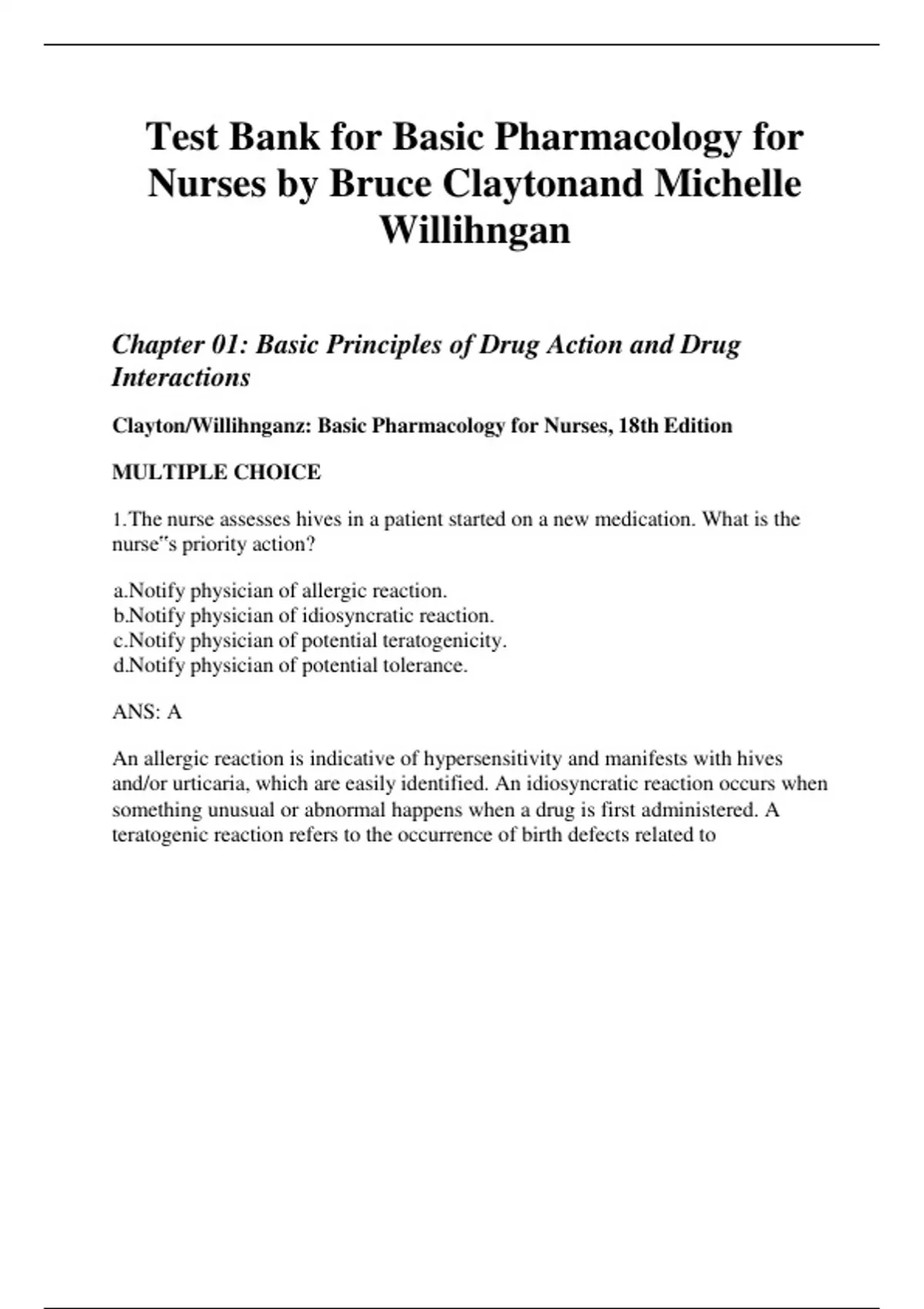 Test Bank for Basic Pharmacology for Nurses by Bruce Clayton and ...