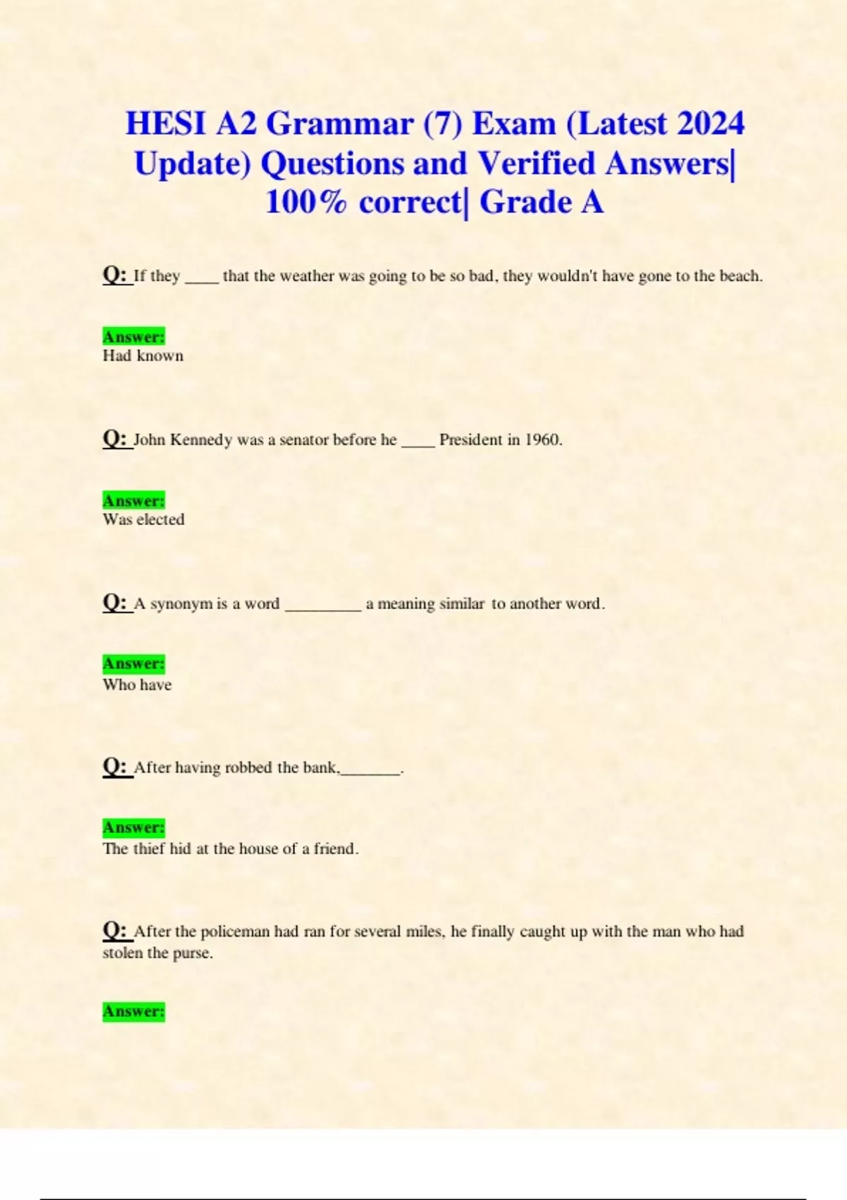 HESI A2 Grammar (7) Exam (Latest 2024 Update) Questions and Verified ...