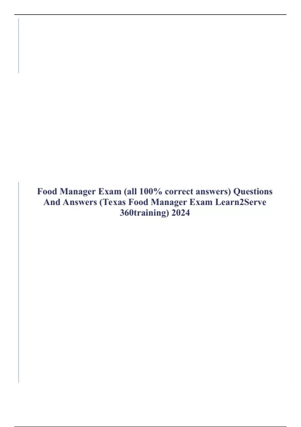 Food Manager Exam (all 100% correct answers) Questions And Answers ...