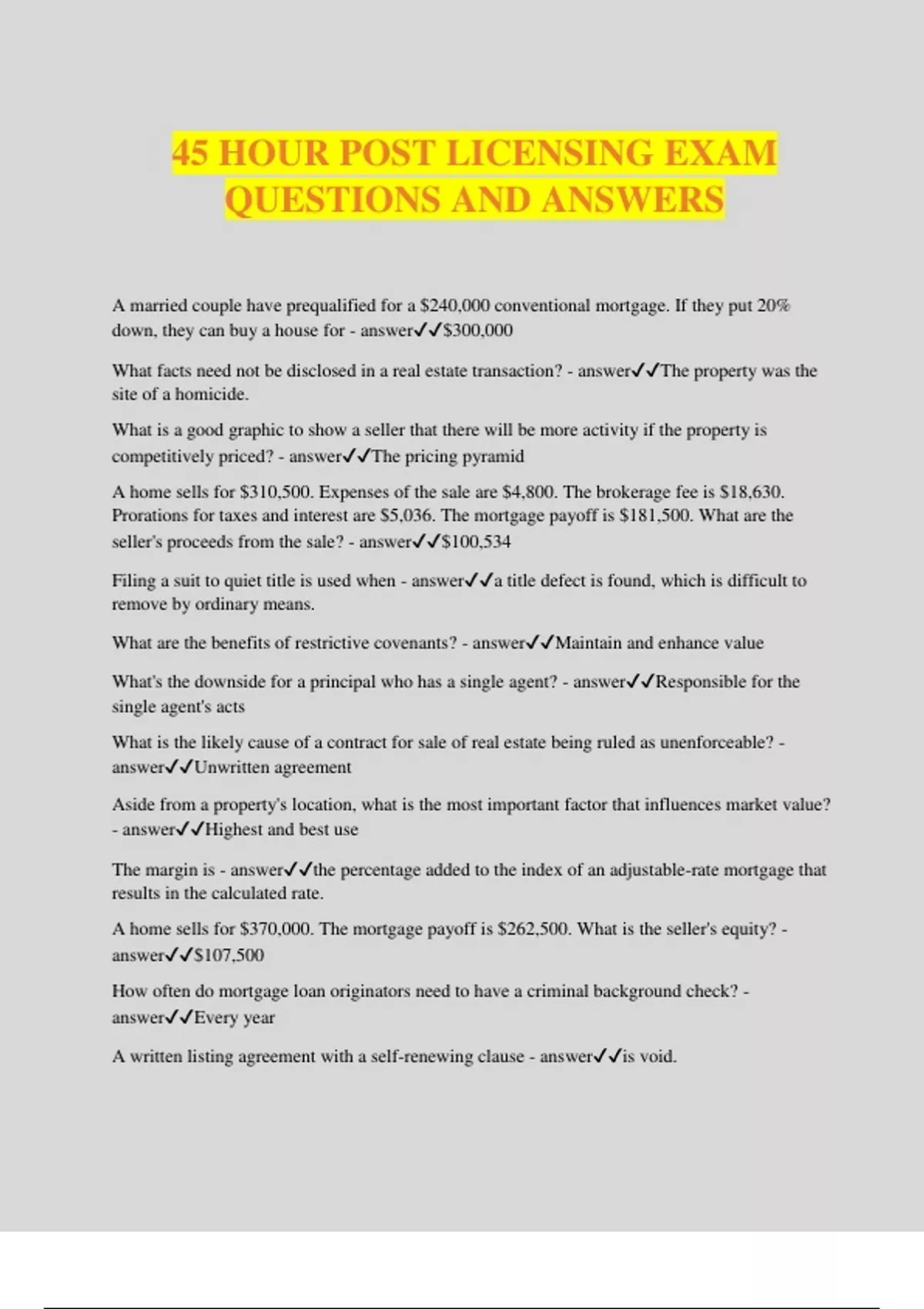 45 HOUR POST LICENSING EXAM QUESTIONS AND ANSWERS - Florida License ...