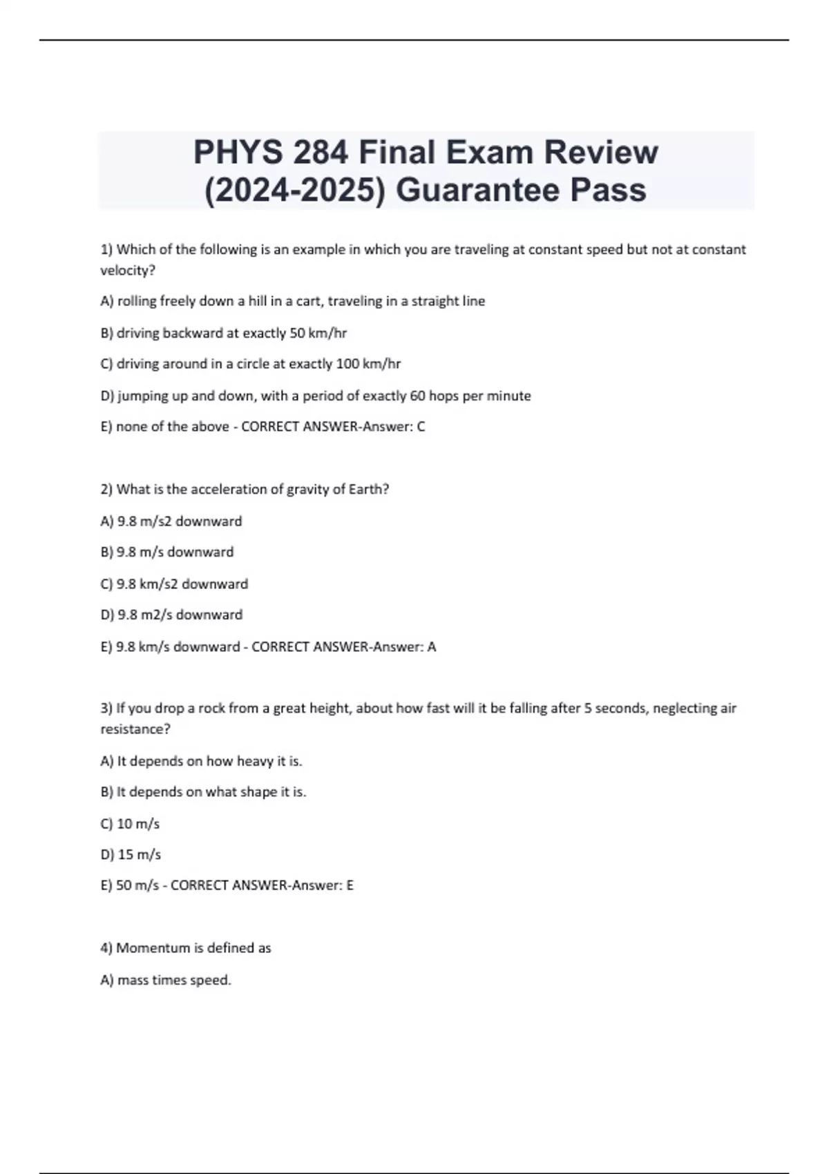 PHYS 284 Final Exam Review () Guarantee Pass - PHYS 284 - Stuvia US