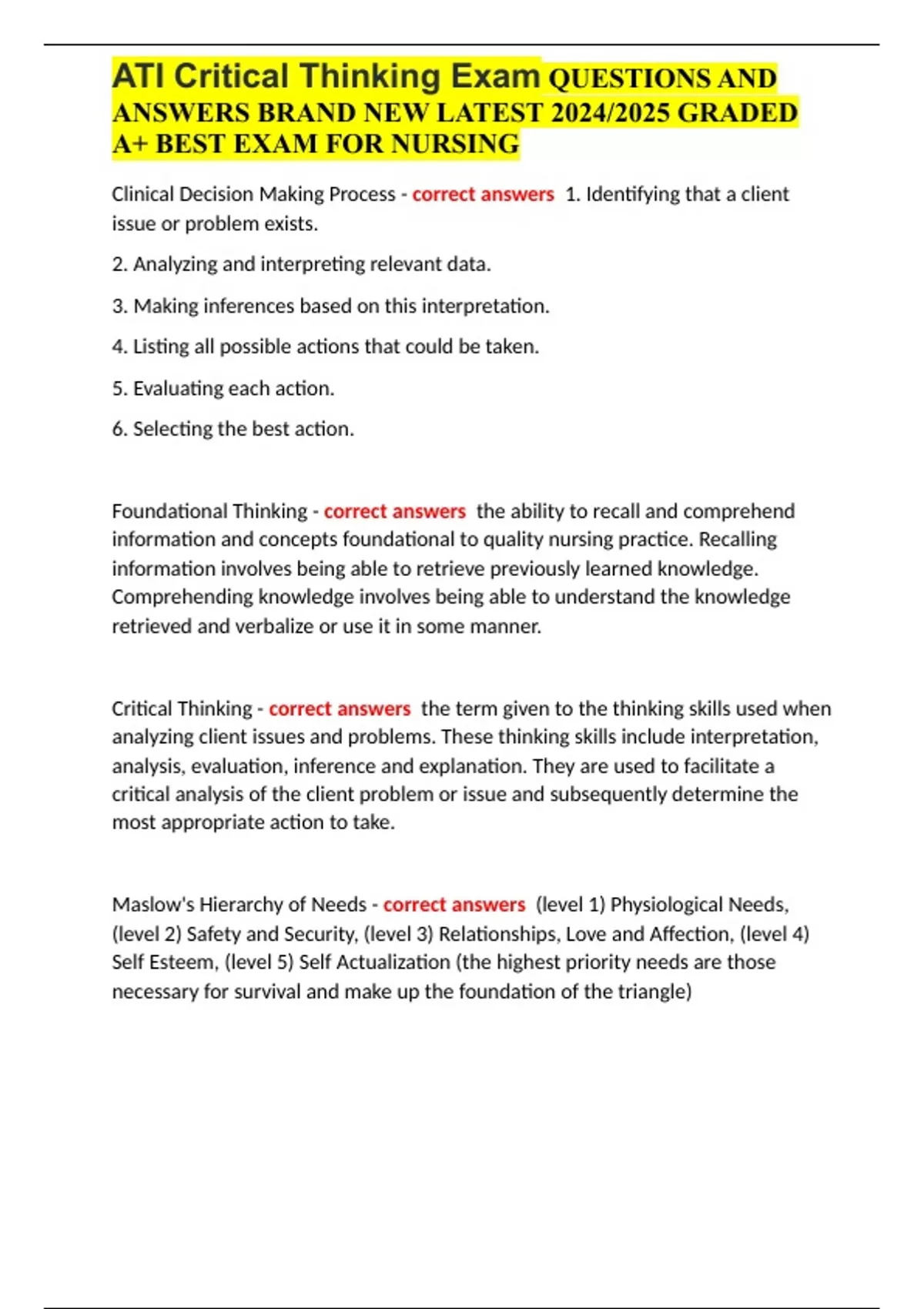 Summary ATI Critical Thinking Exam QUESTIONS AND ANSWERS BRAND NEW ...