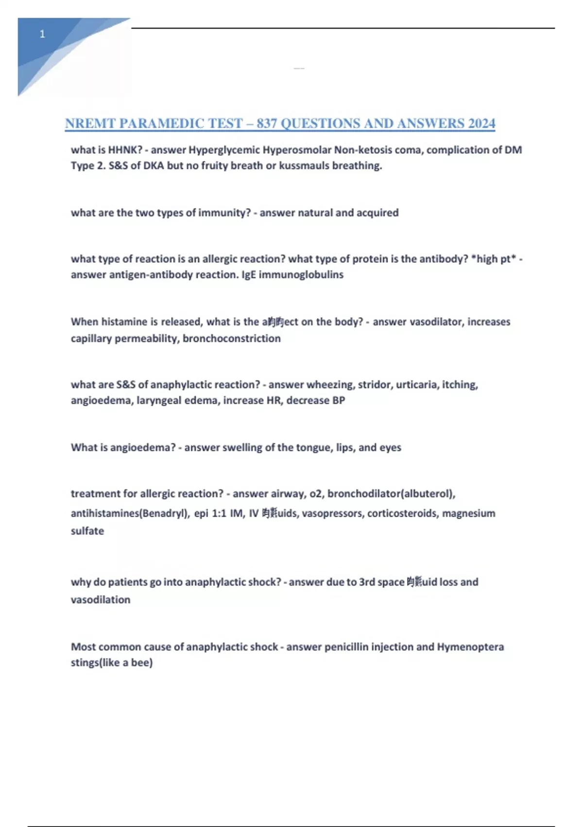 NREMT PARAMEDIC TEST QUESTIONS AND ANSWERS 2024 - NREMT PARAMEDIC ...