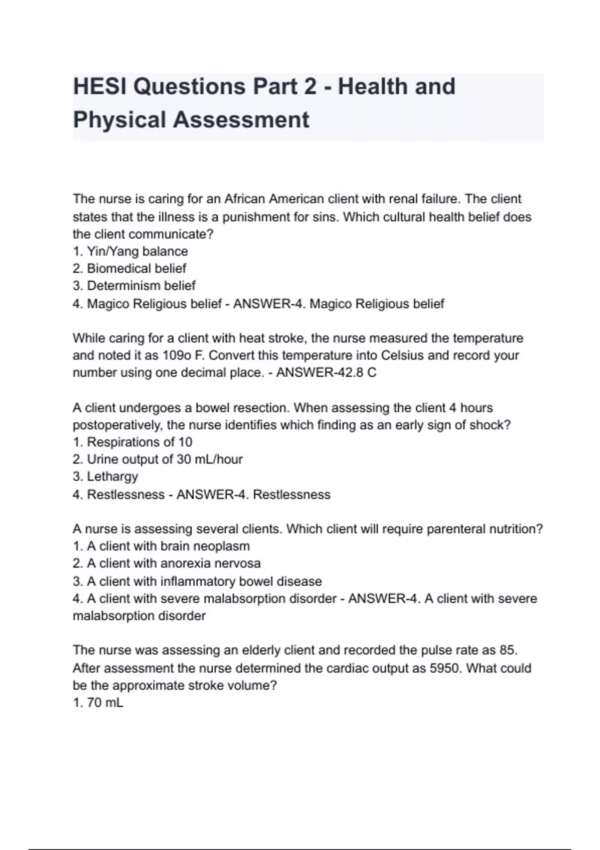 HESI Questions Part 2 - Health and Physical Assessment questions with ...