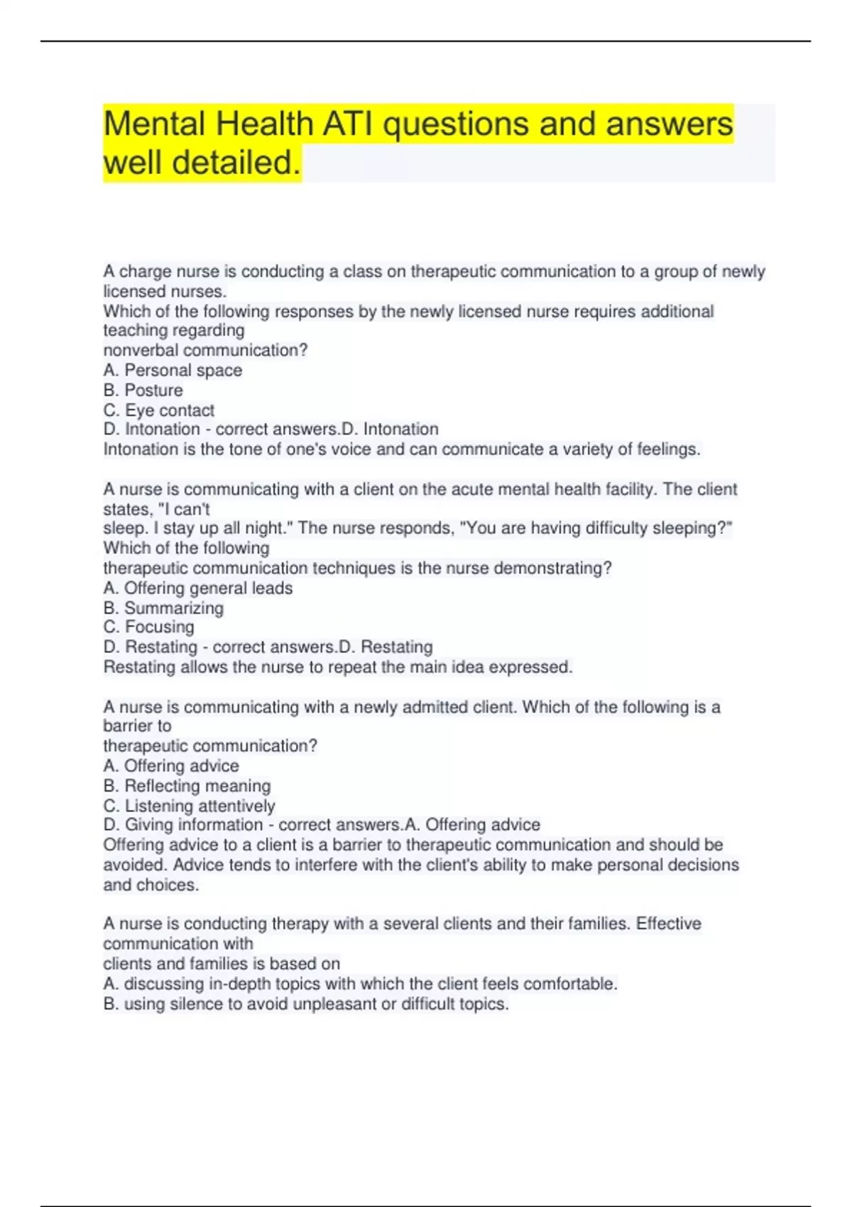 Mental Health ATI questions and answers well detailed. - Mental Health ...