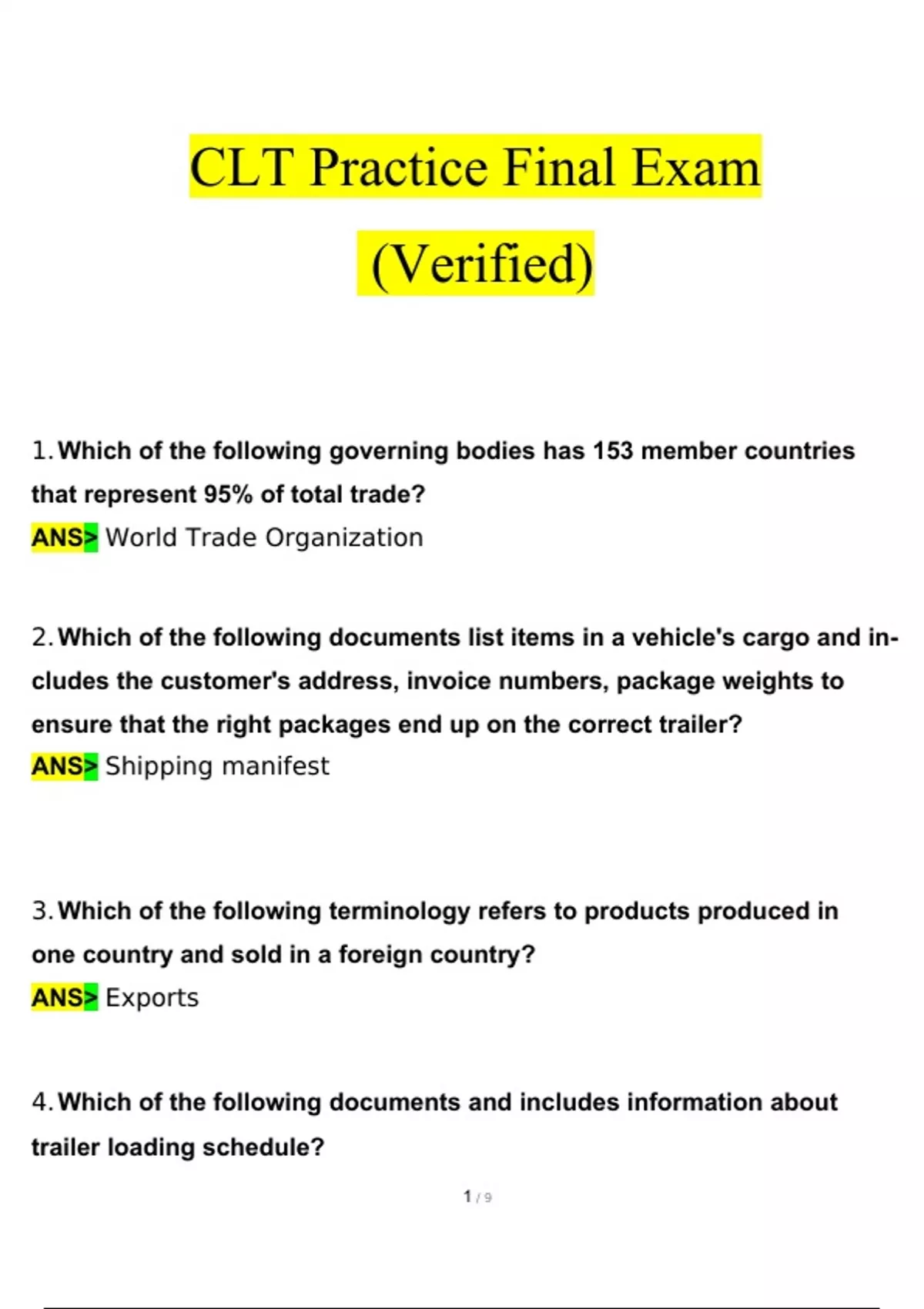 CLT Practice Final Exam Questions and Answers (2024 / 2025) (Verified ...