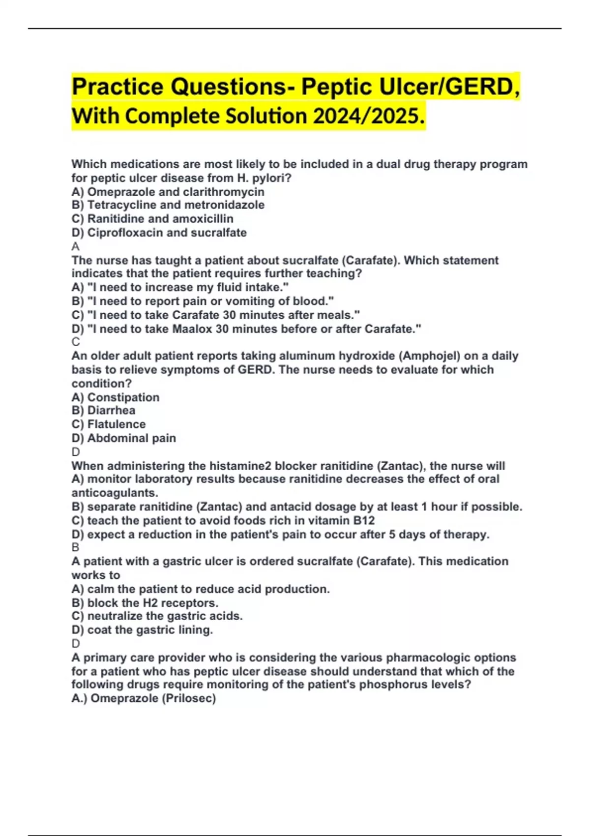 Practice Questions- Peptic Ulcer/GERD, With Complete Solution 2024/2025 ...