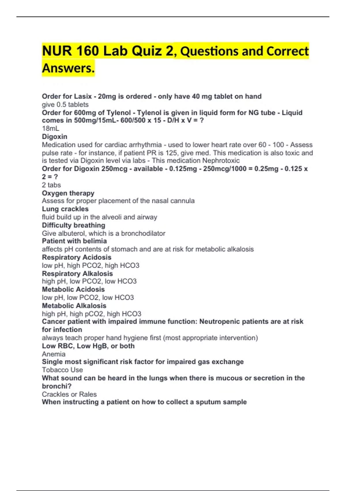 NUR 160 Lab Quiz 2, Questions and Correct Answers. - NUR 160 - Stuvia US