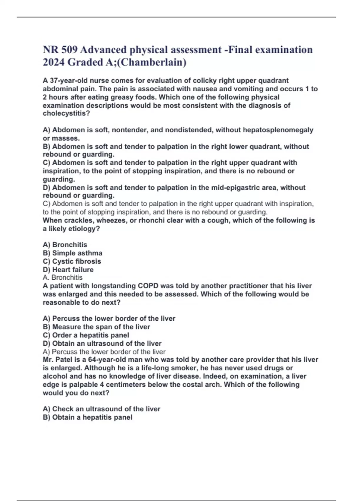 NR 509 Advanced physical assessment -Final examination 2024 Graded A ...