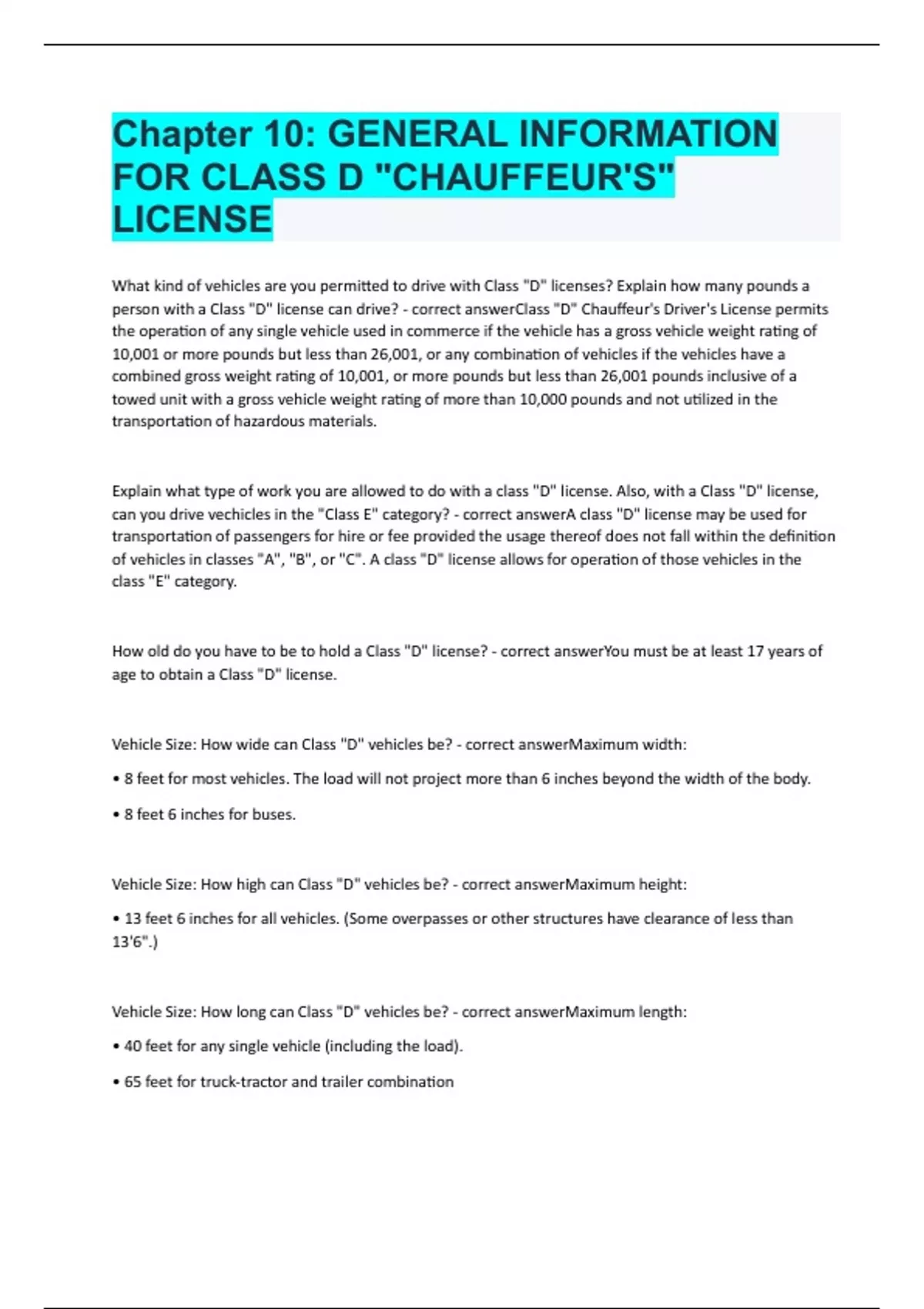 Chapter 10 GENERAL INFORMATION FOR CLASS D CHAUFFEUR'S LICENSE ...
