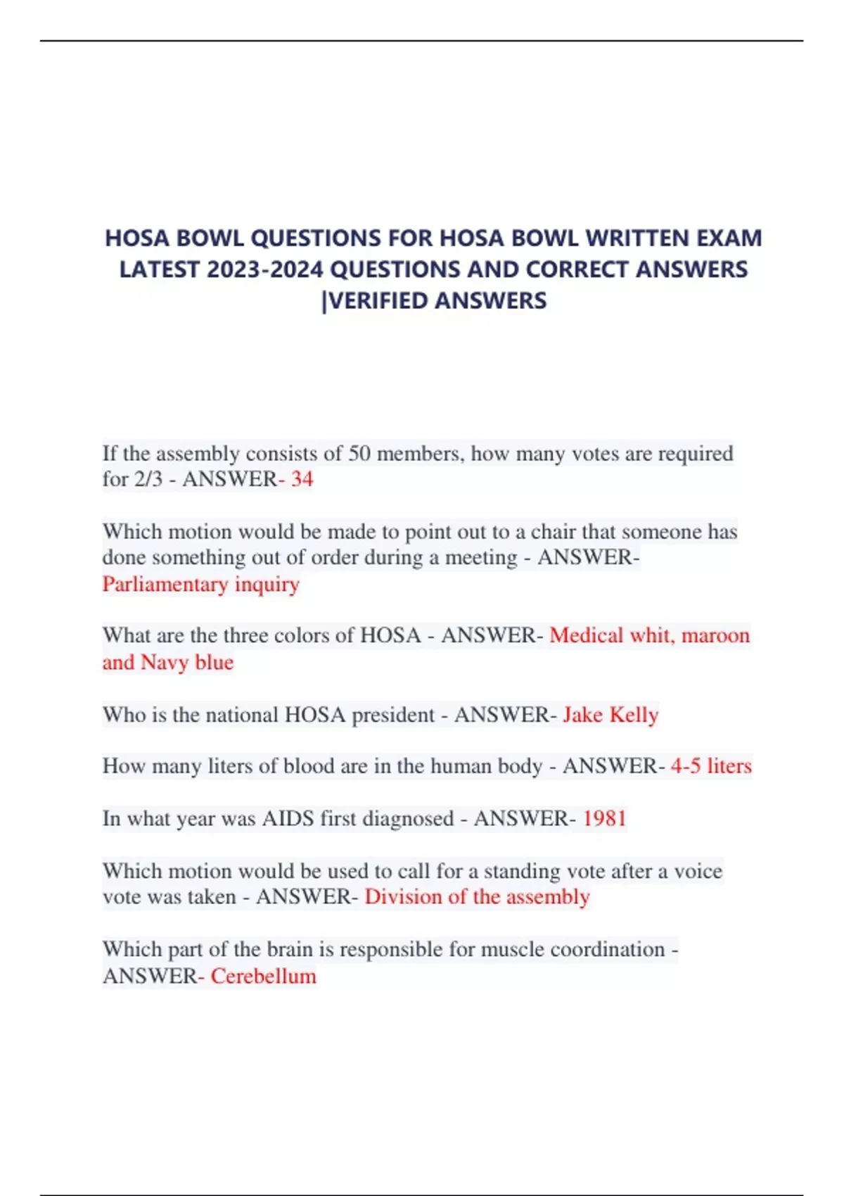 UPDATED HOSA BOWL QUESTIONS FOR HOSA BOWL WRITTEN EXAM LATEST QUESTIONS ...