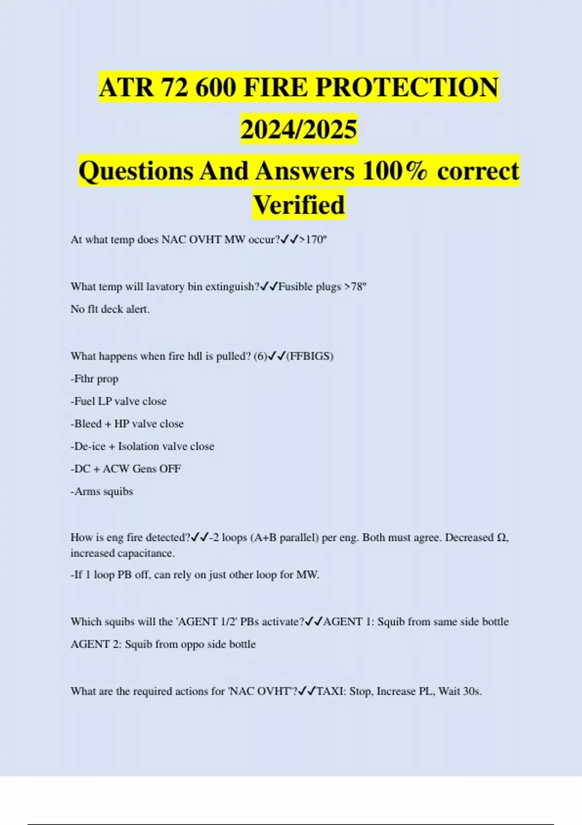 ATR 72 600 FIRE PROTECTION 2024/2025 Questions And Answers 100% correct ...