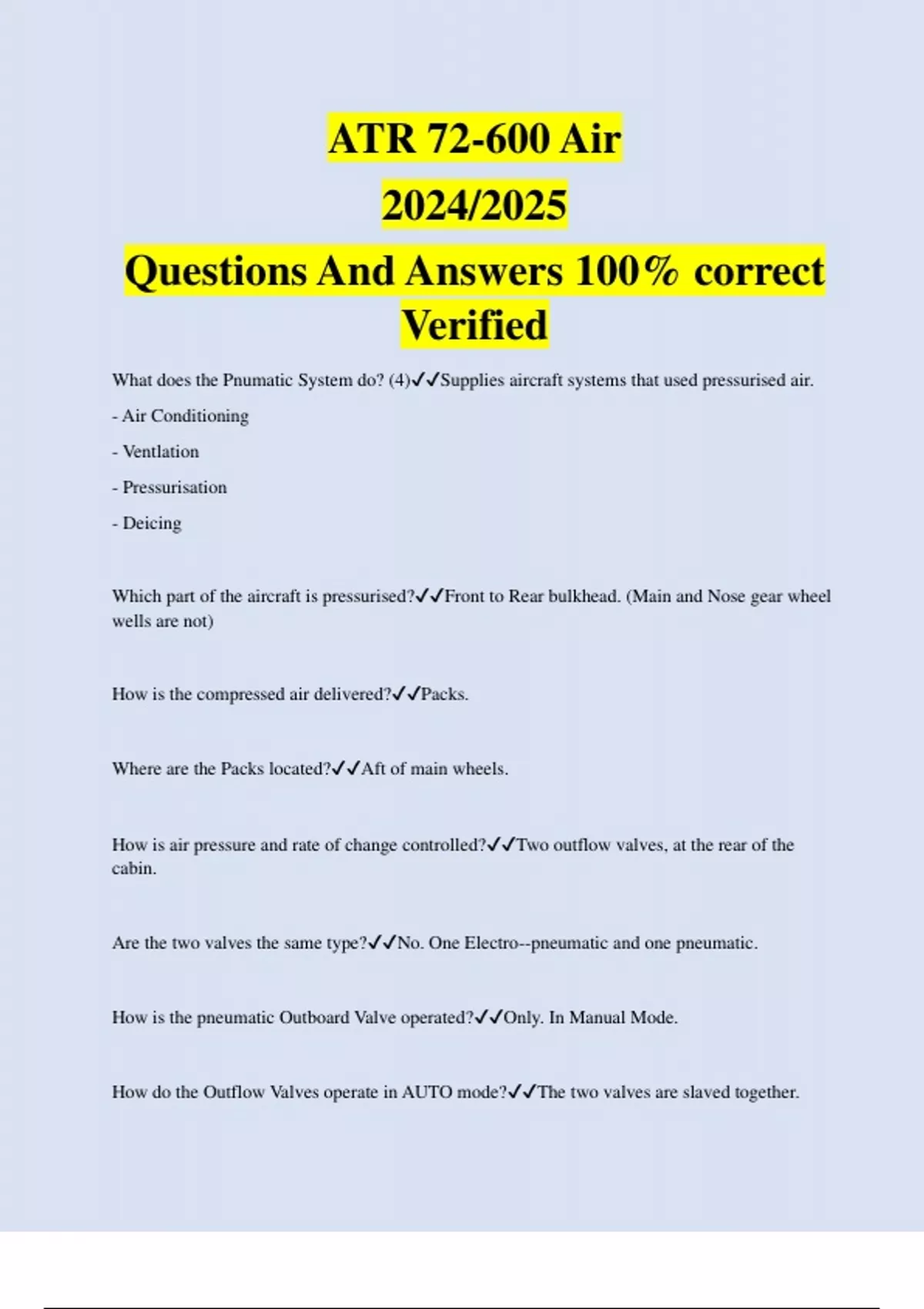 ATR 72-600 Air 2024/2025 Questions And Answers 100% correct Verified ...