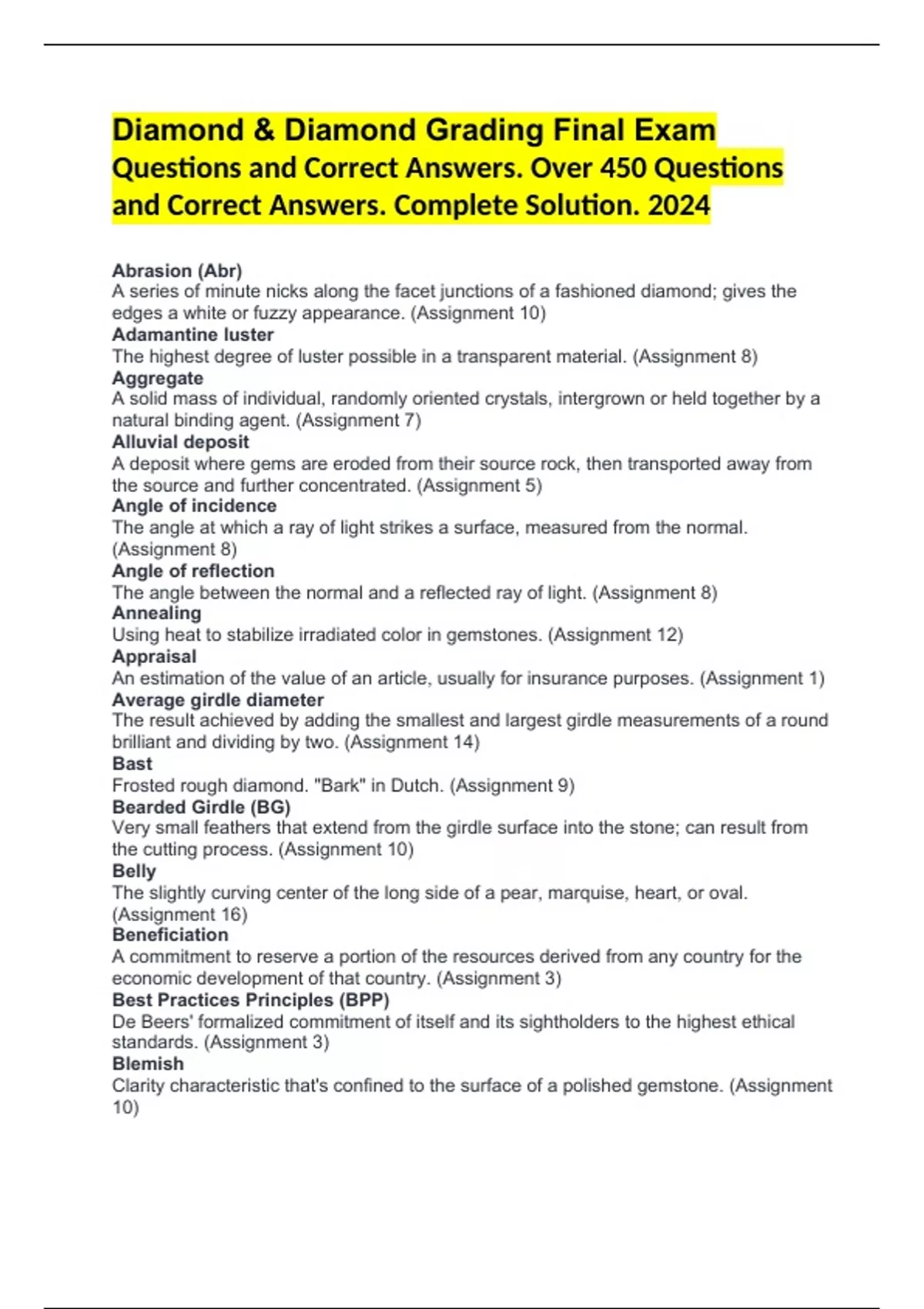 Diamond & Diamond Grading Final Exam Questions and Correct Answers ...