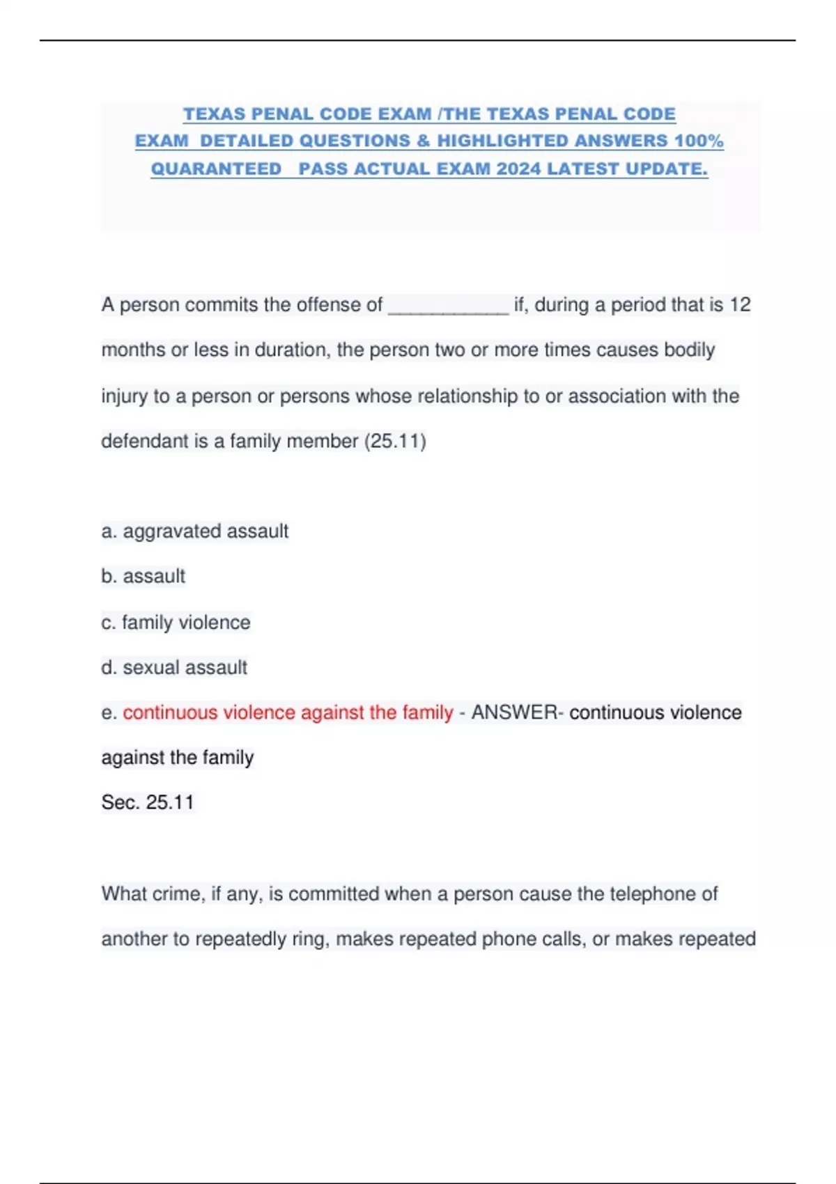 TEXAS PENAL CODE EXAM /THE TEXAS PENAL CODE EXAM DETAILED QUESTIONS ...