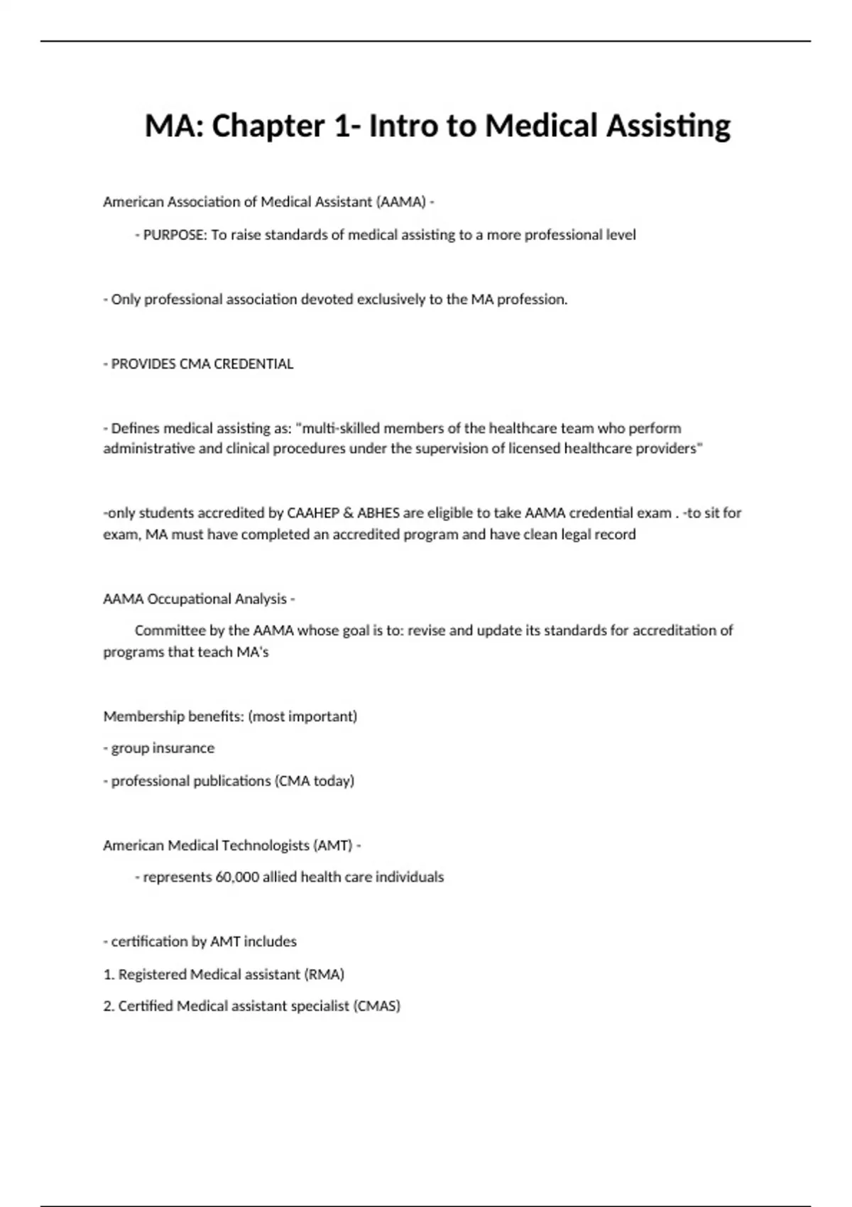 MA Chapter 1- Intro to Medical Assisting.LATEST 2024 RATED A PLUS - NHA ...