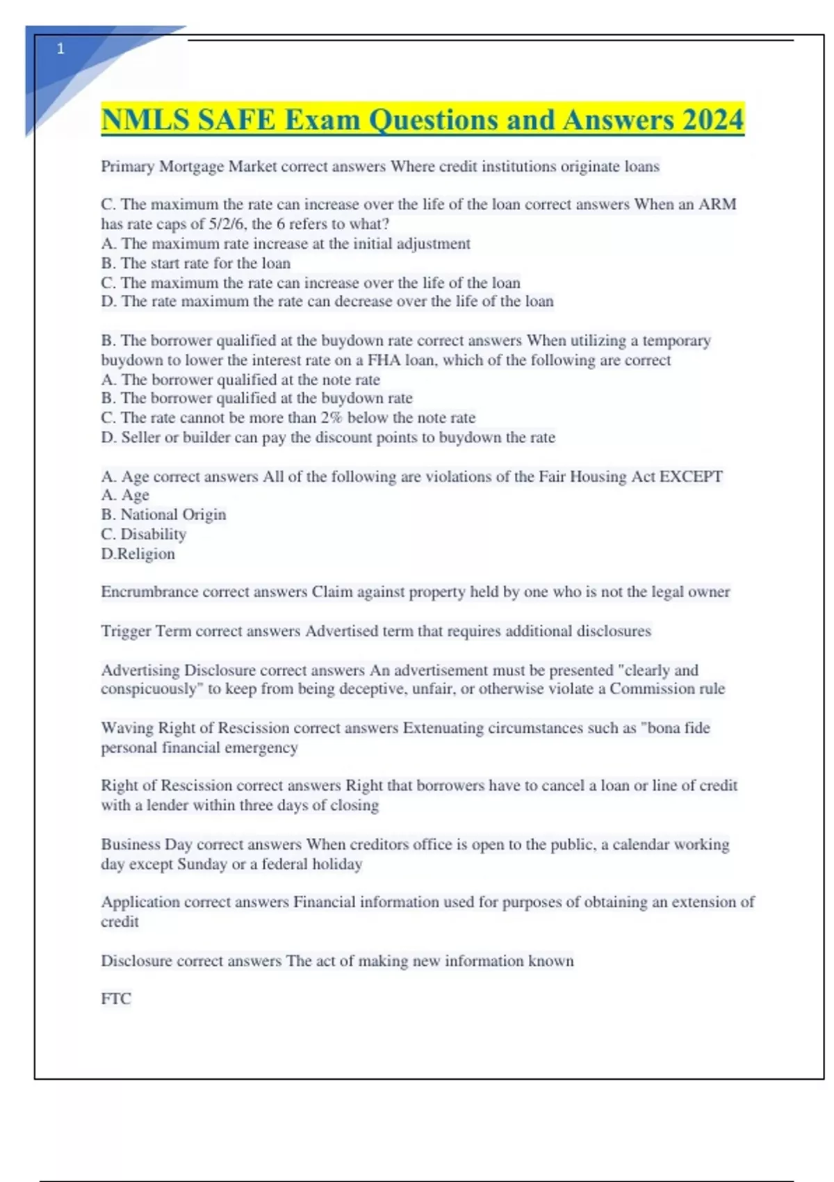 NMLS SAFE Exam Questions and Answers 2024 - NMLS SAFE - Stuvia US