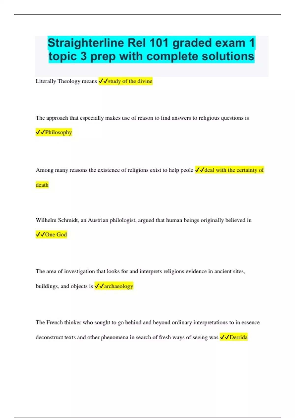 Straighterline Rel 101 graded exam 1 topic 3 prep with complete ...